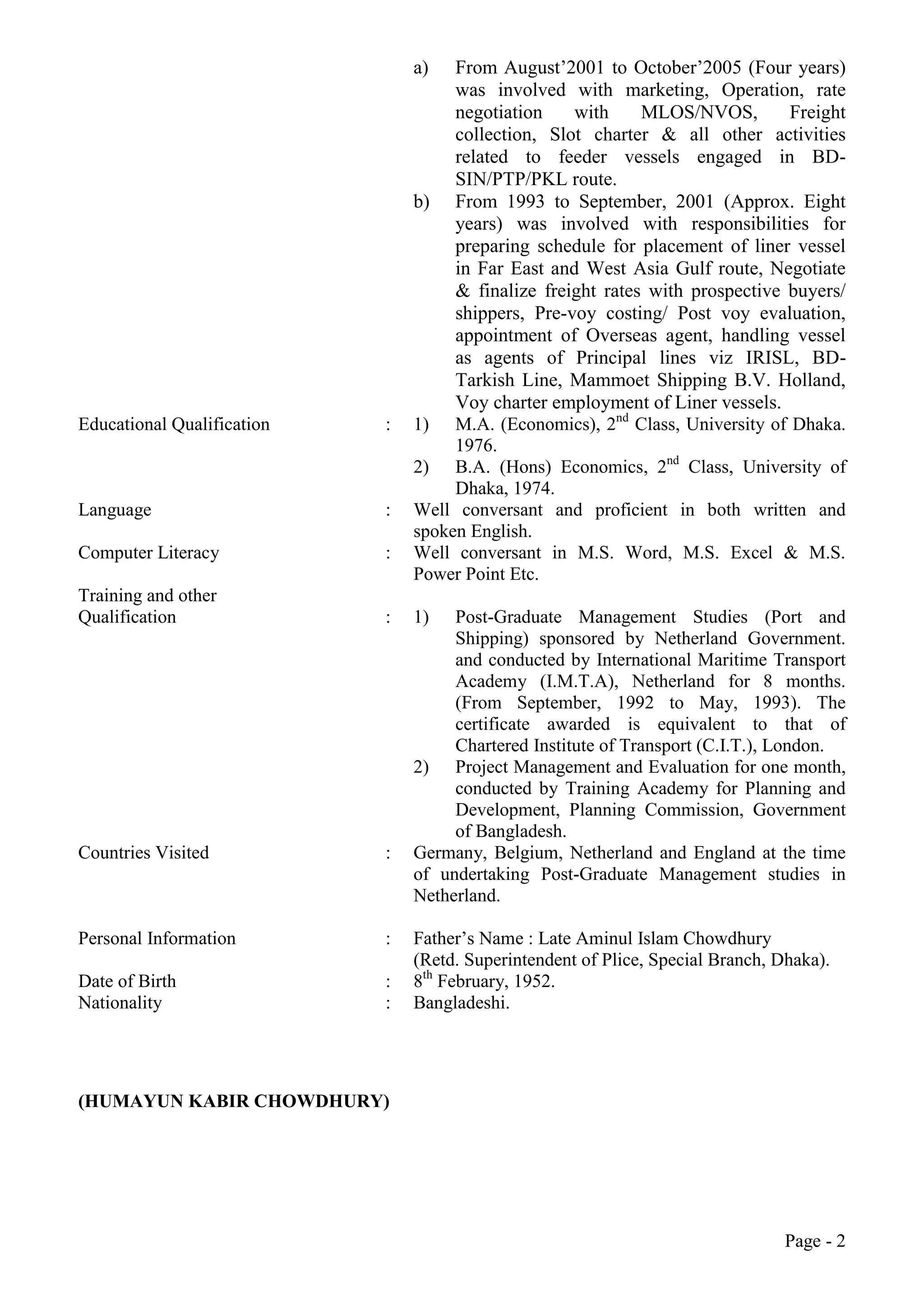 Humayun kabir chy. cv 2 | PDF | Logistics | Business