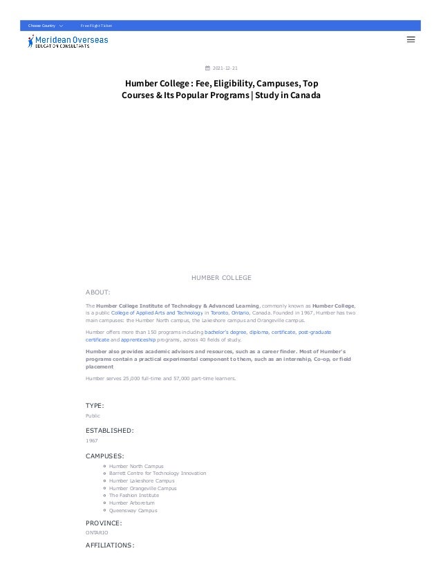 Humber college fee, eligibility, campuses, top courses & its popular programs study in canada | PDF