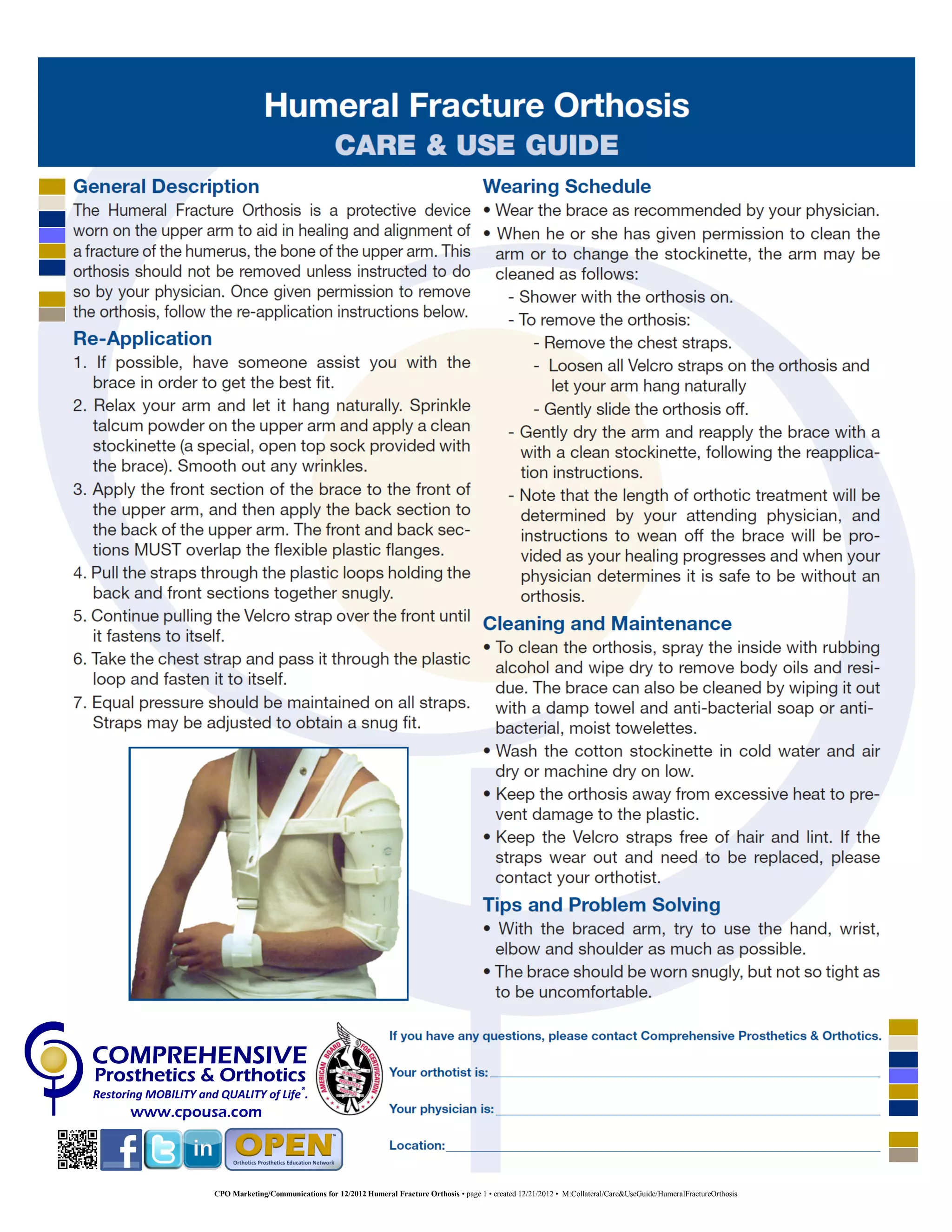 Humeral Fracture Orthosis CARE AND USE GUIDE | PDF