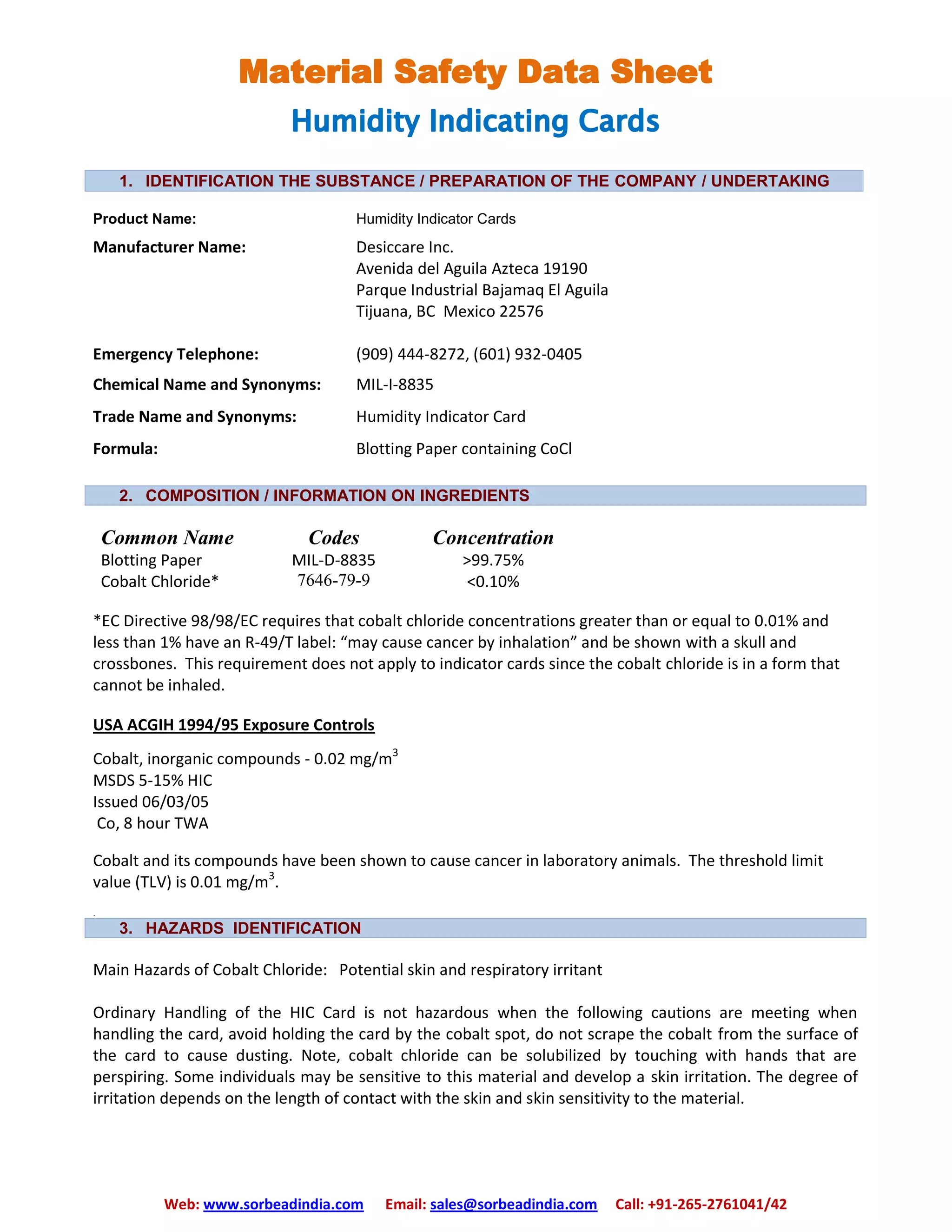 Humidity Indicating Cards MSDS | PDF