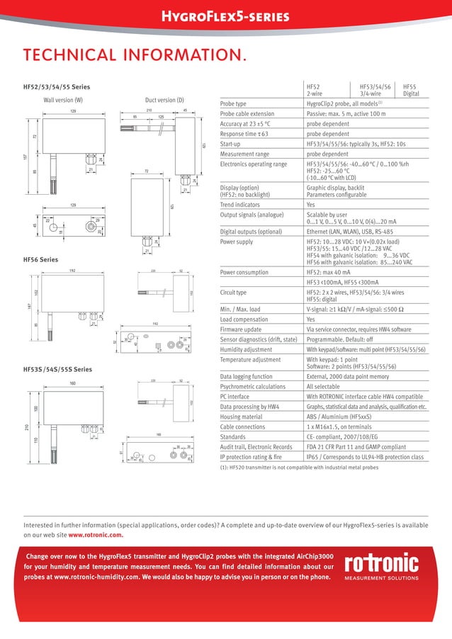 Rotronic HF5 Humidity & Temperature Transmitter - Spec Sheet | PDF | Weather | Science