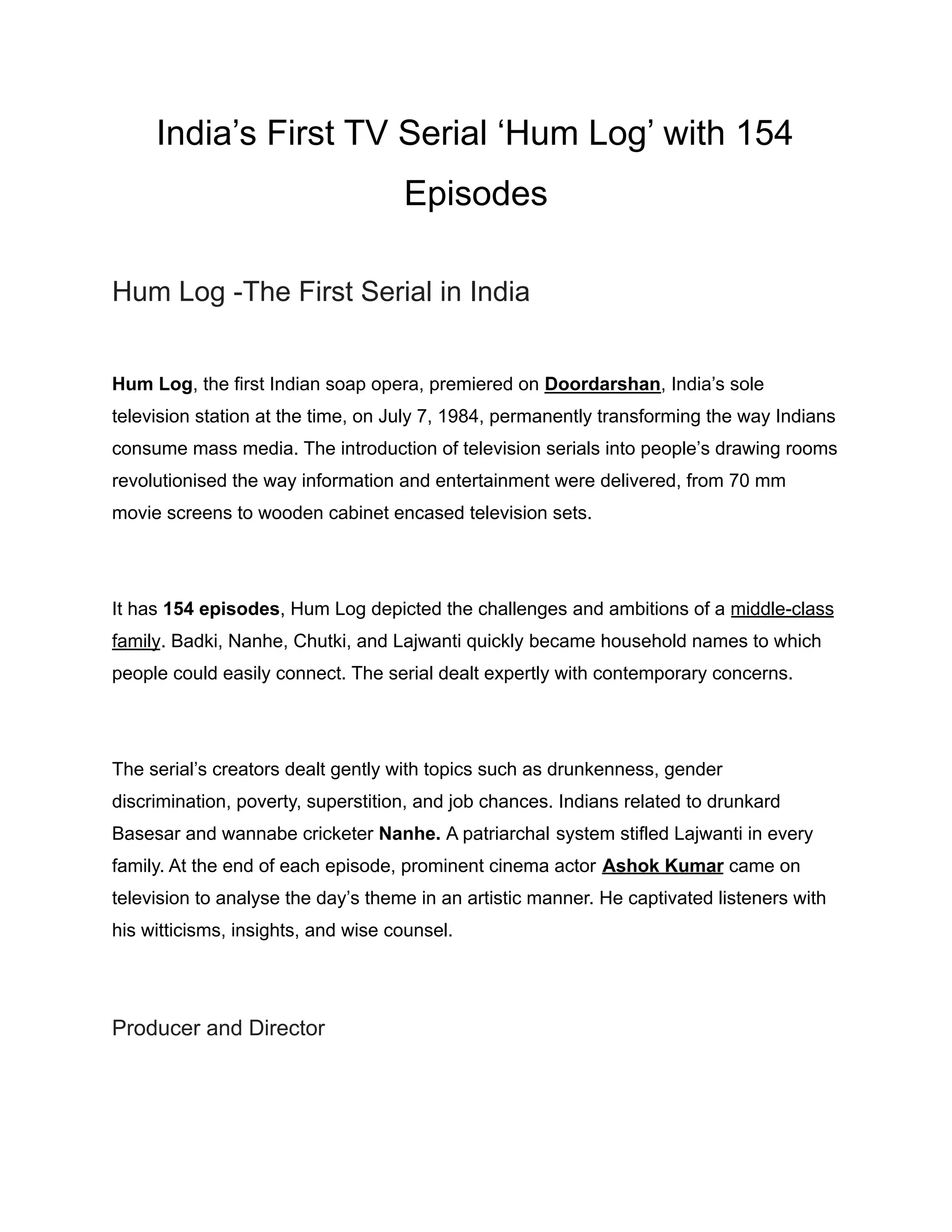 India’s First TV Serial ‘Hum Log’ with 154 Episodes | PDF | History ...
