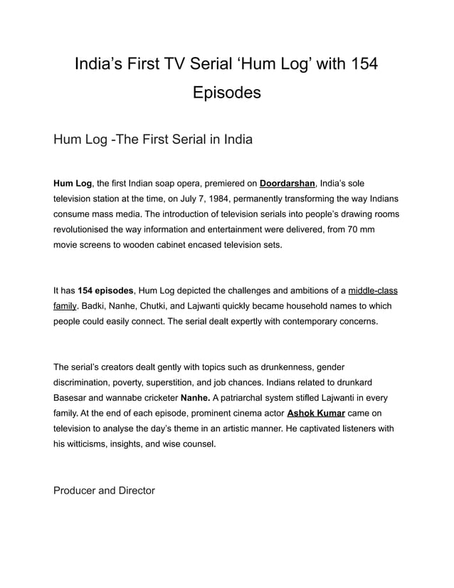 India’s First TV Serial ‘Hum Log’ with 154 Episodes | PDF | History ...