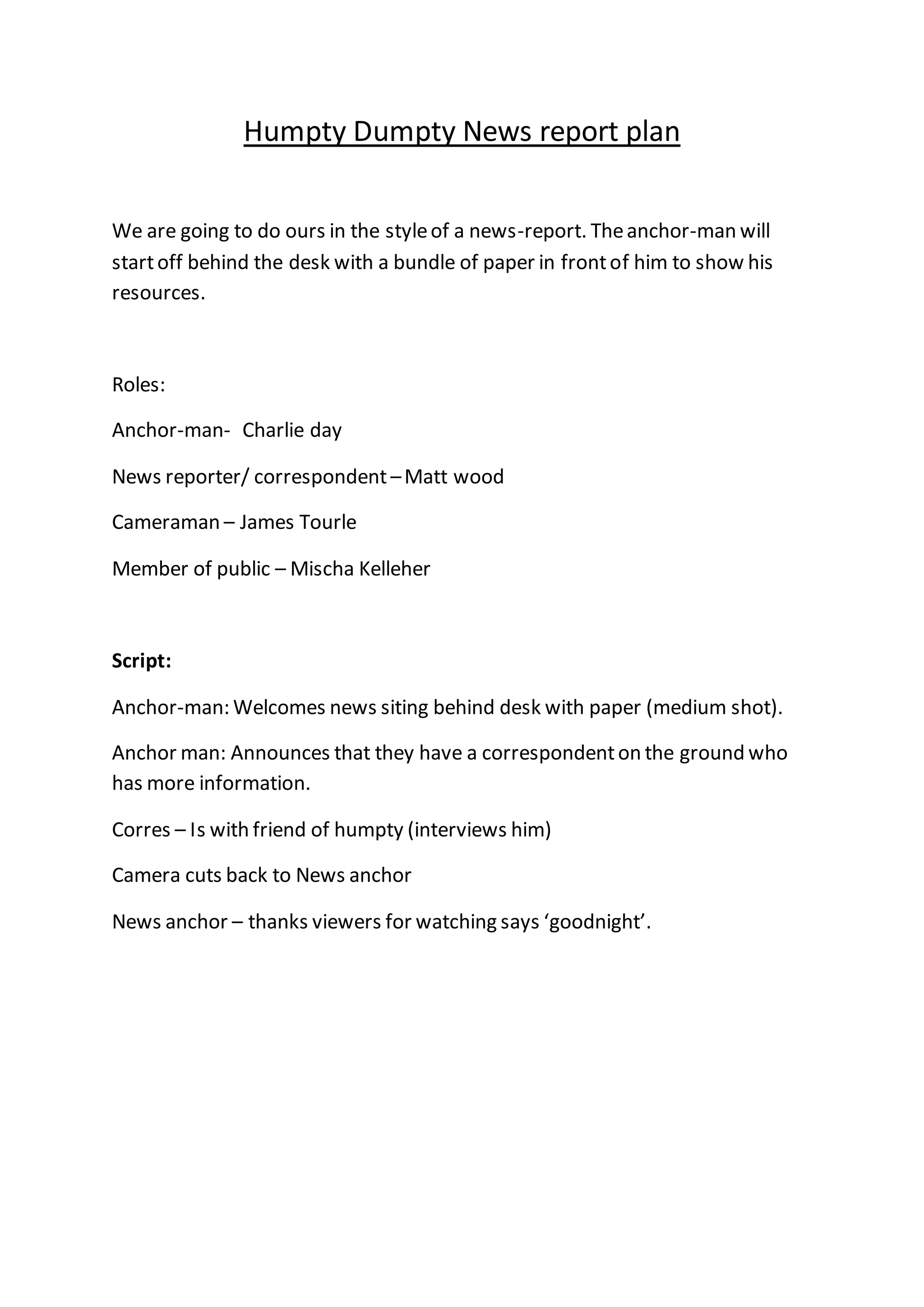 Humpty dumpty news report plan | DOCX