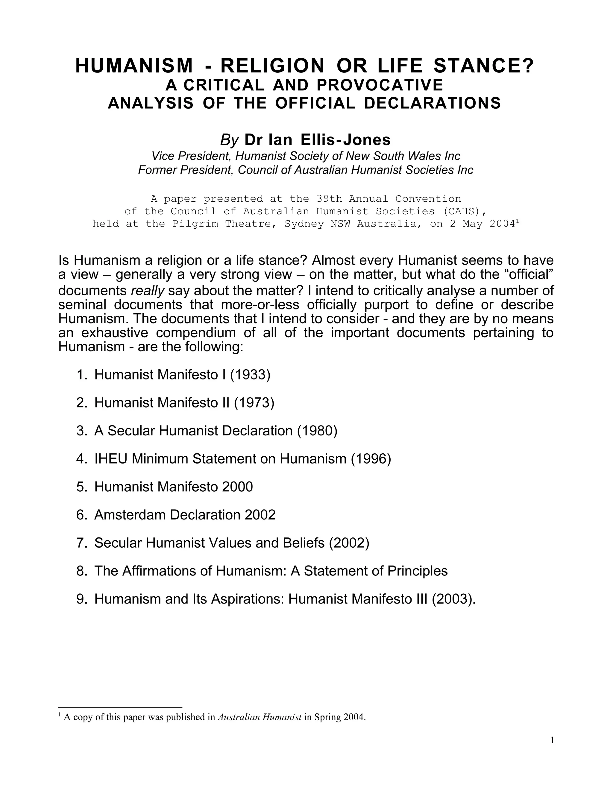 HUMANISM – RELIGION OR LIFE STANCE? A CRITICAL AND PROVOCATIVE ANALYSIS OF THE OFFICIAL ...