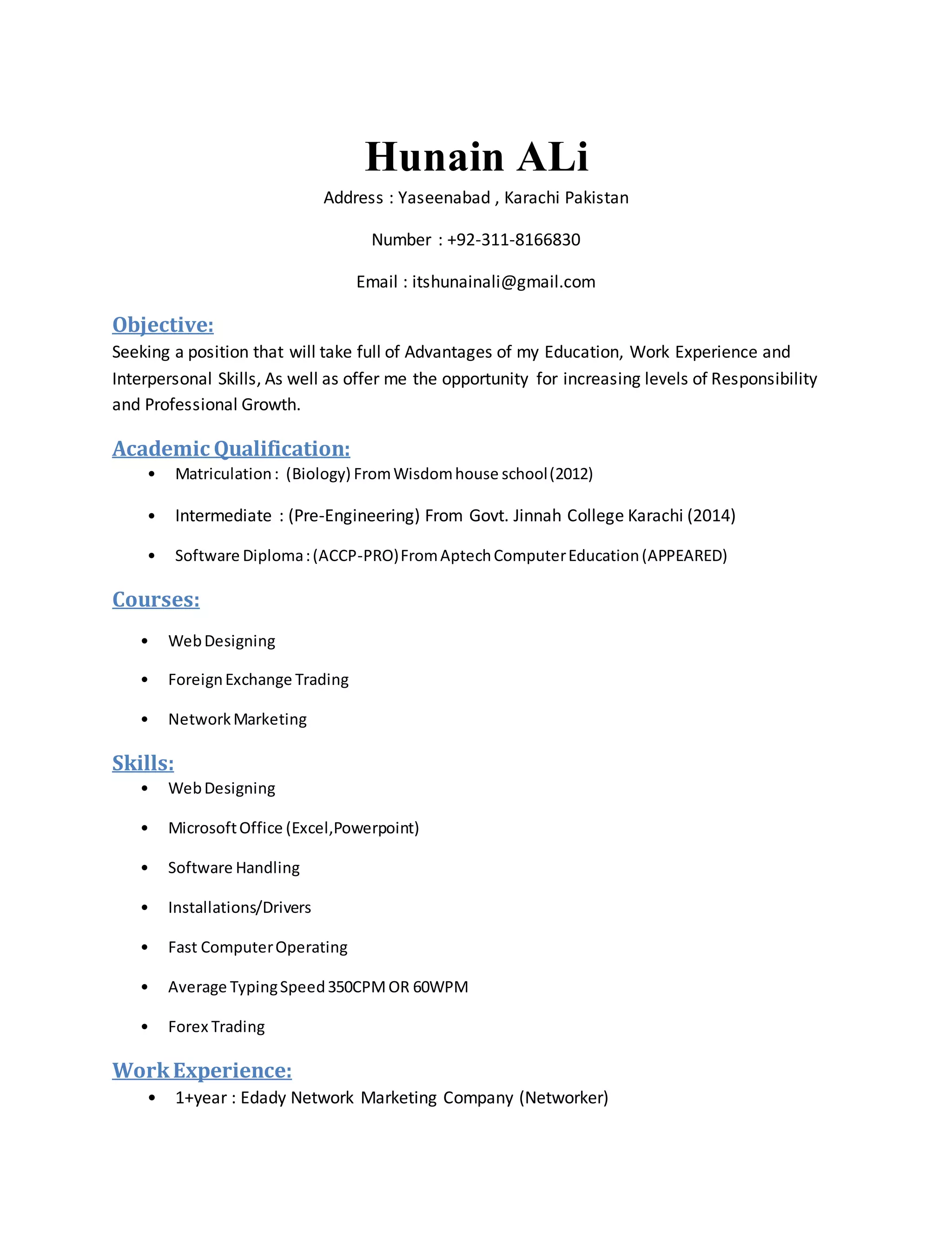 Hunain ALi Resume 2017 | DOCX | Technology & Computing