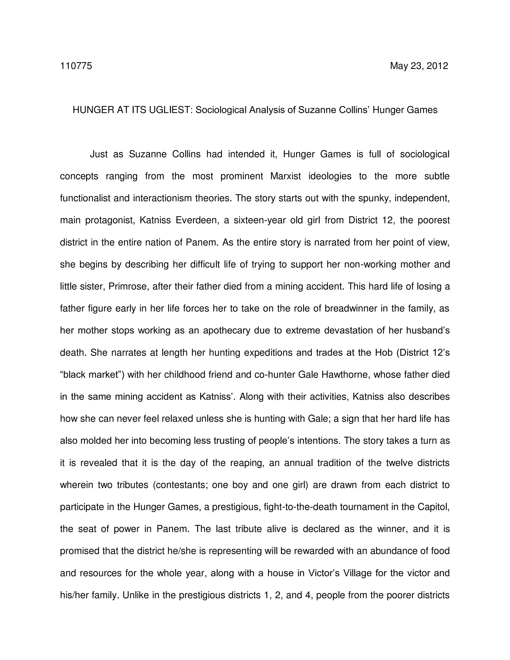 HUNGER AT ITS UGLIEST Sociological Analysis Of Suzanne Collins Hunger ...