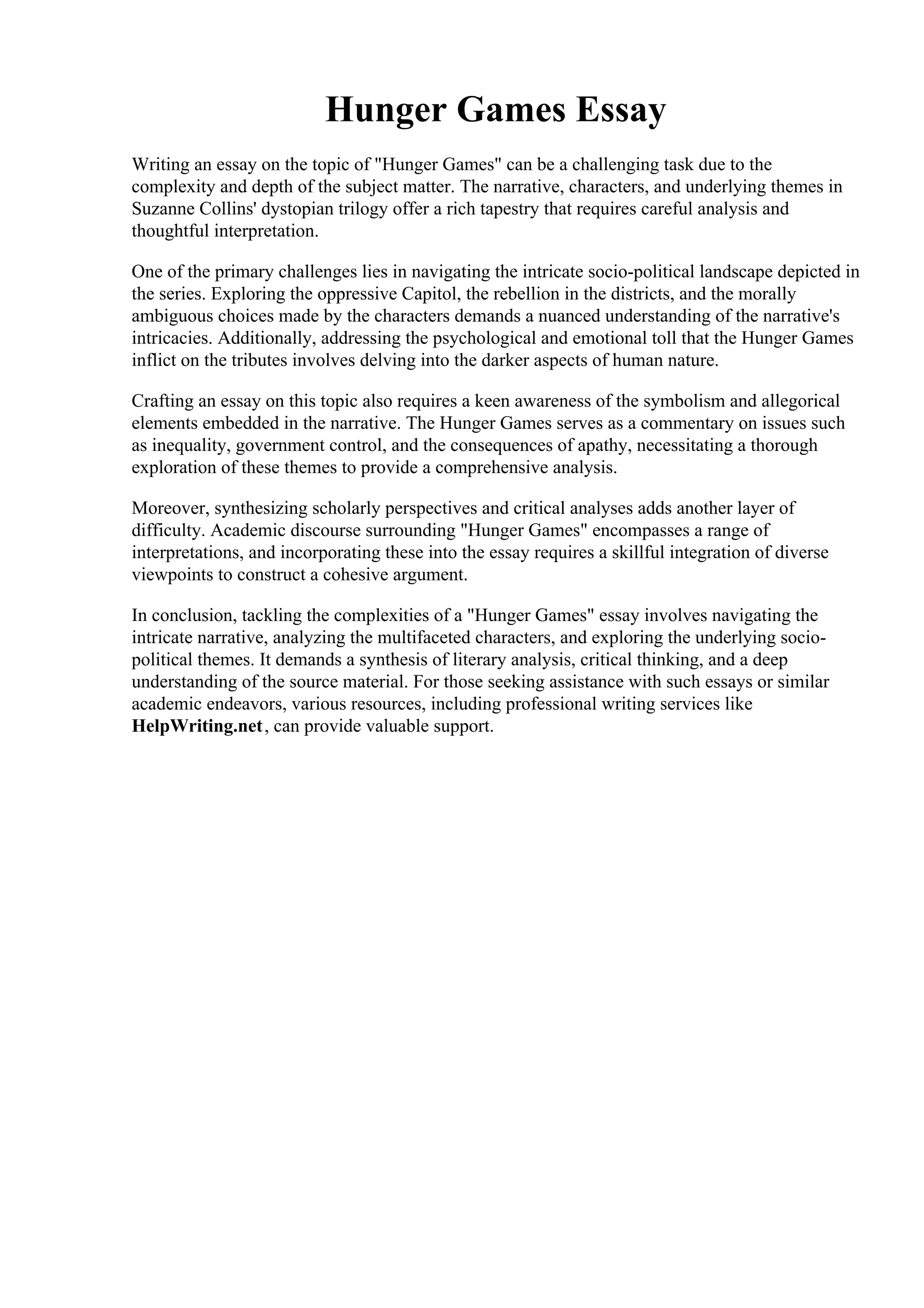 Hunger Games Essay. The Hunger Games Essay Example Topics and Well ...