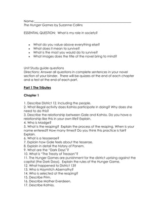 Hunger games study questions students | PDF