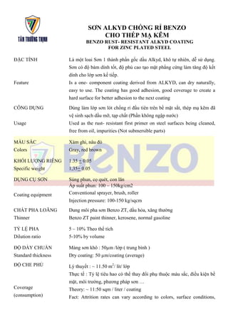 Tài liệu sơn lót chống rỉ chuyên cho sắt thép mạ kẽm Alkyd Benzo | PDF