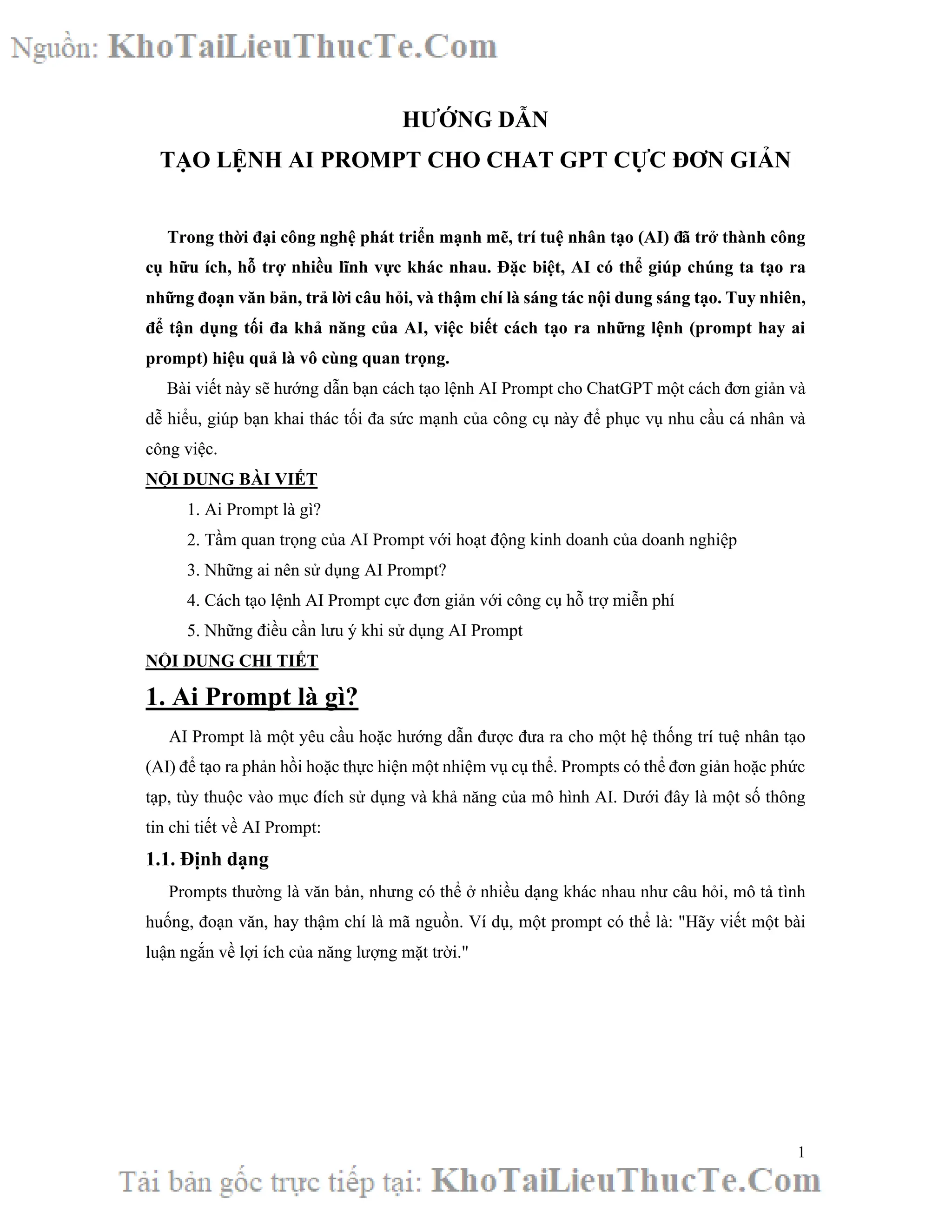 Hướng dẫn tạo lệnh AI Prompt cho ChatGPT cực đơn giản | PDF
