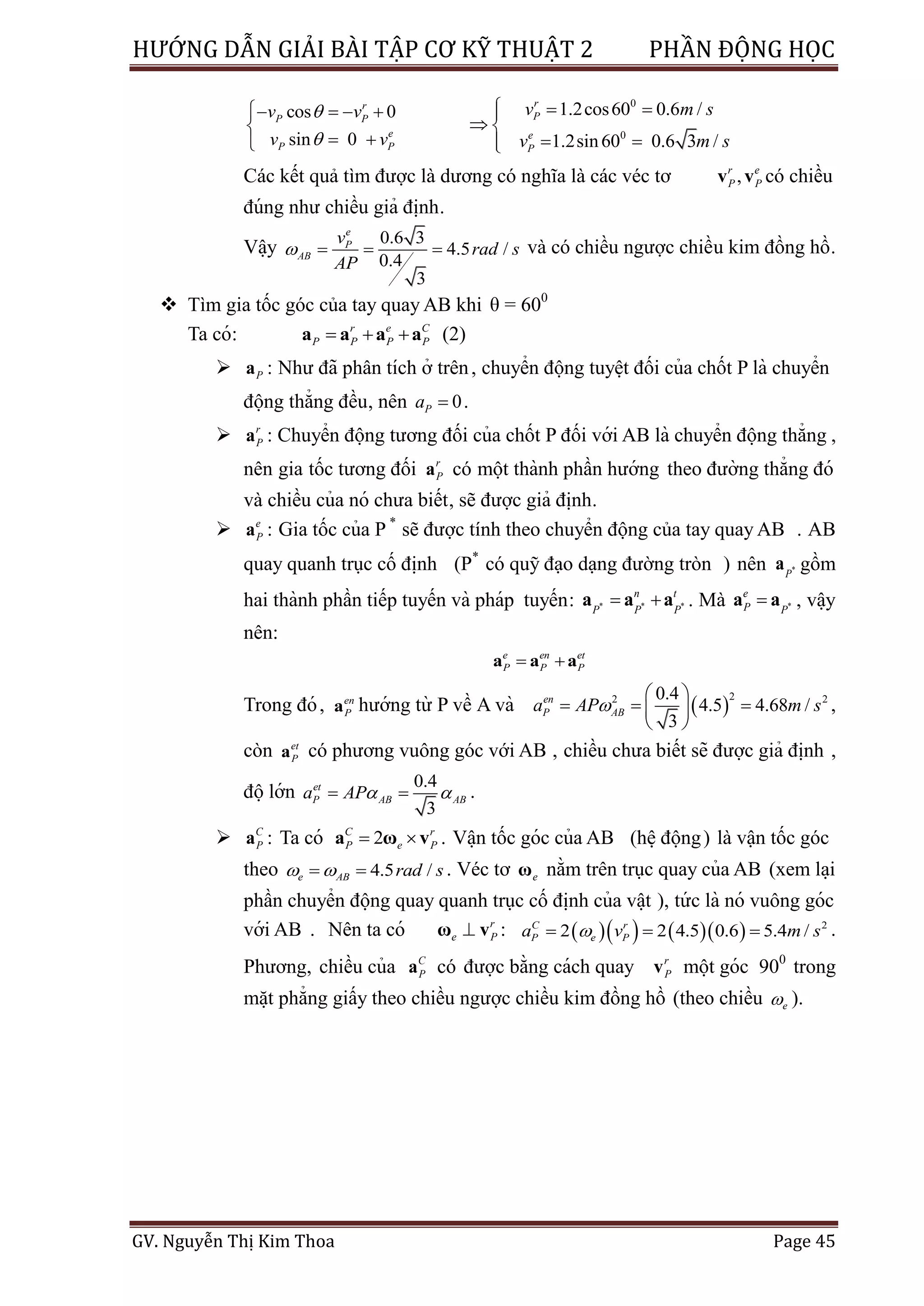 Hướng dẫn giải bài tập Cơ Kỹ Thuật 2 - Phần Động Học - TNUT | PDF