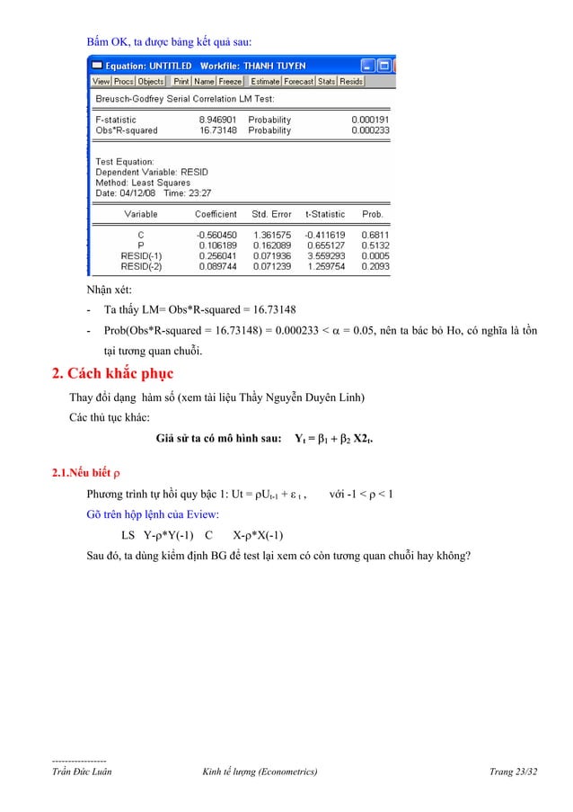Hướng dẫn thực hành kinh tế lượng ( phần mềm Eviews) | PDF