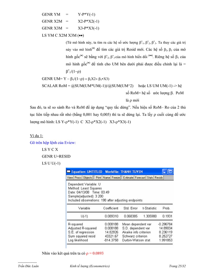 Hướng dẫn thực hành kinh tế lượng ( phần mềm Eviews) | PDF