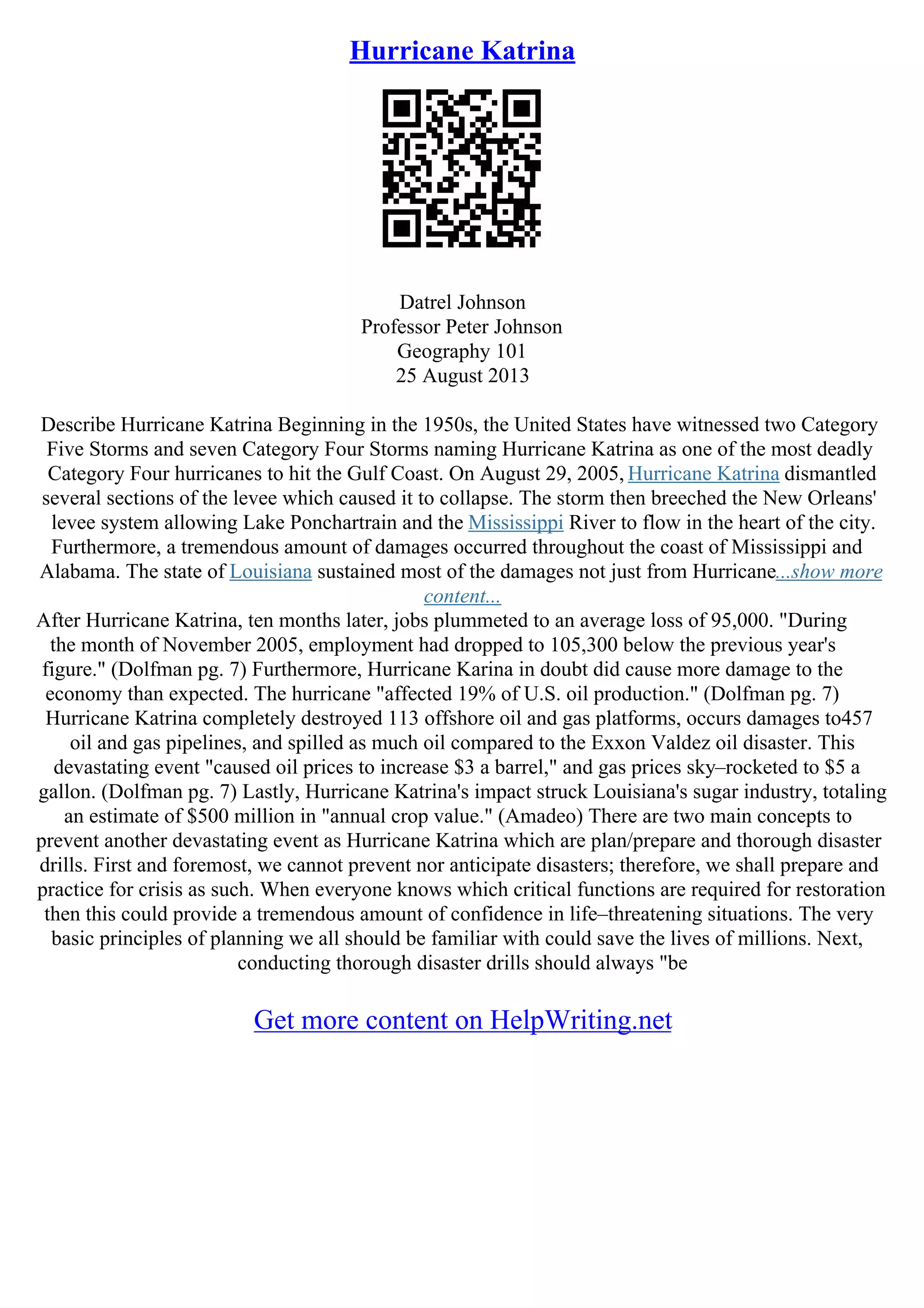 Hurricane Katrina Essay | PDF