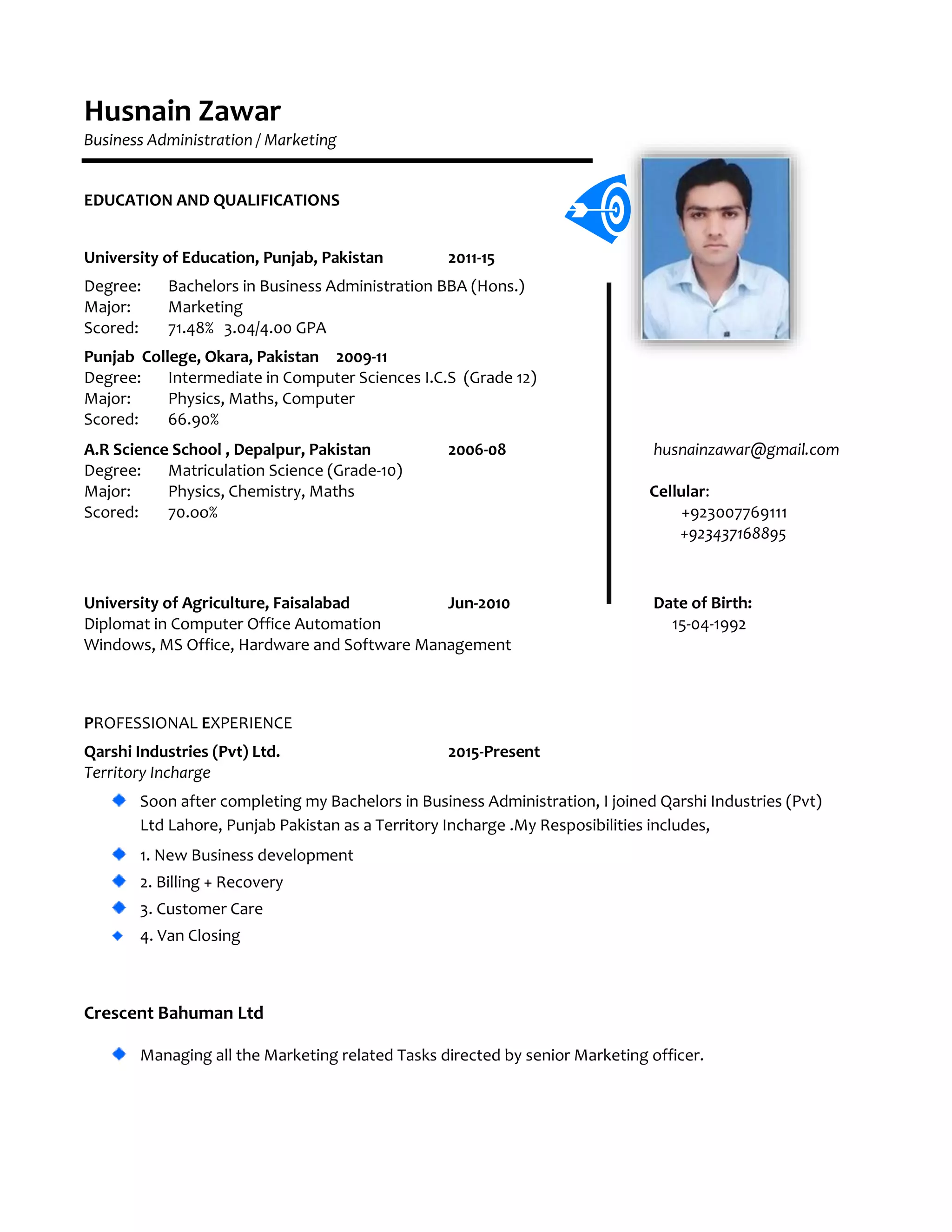 Husnain zawar cv | PDF | Business | Business and Finance