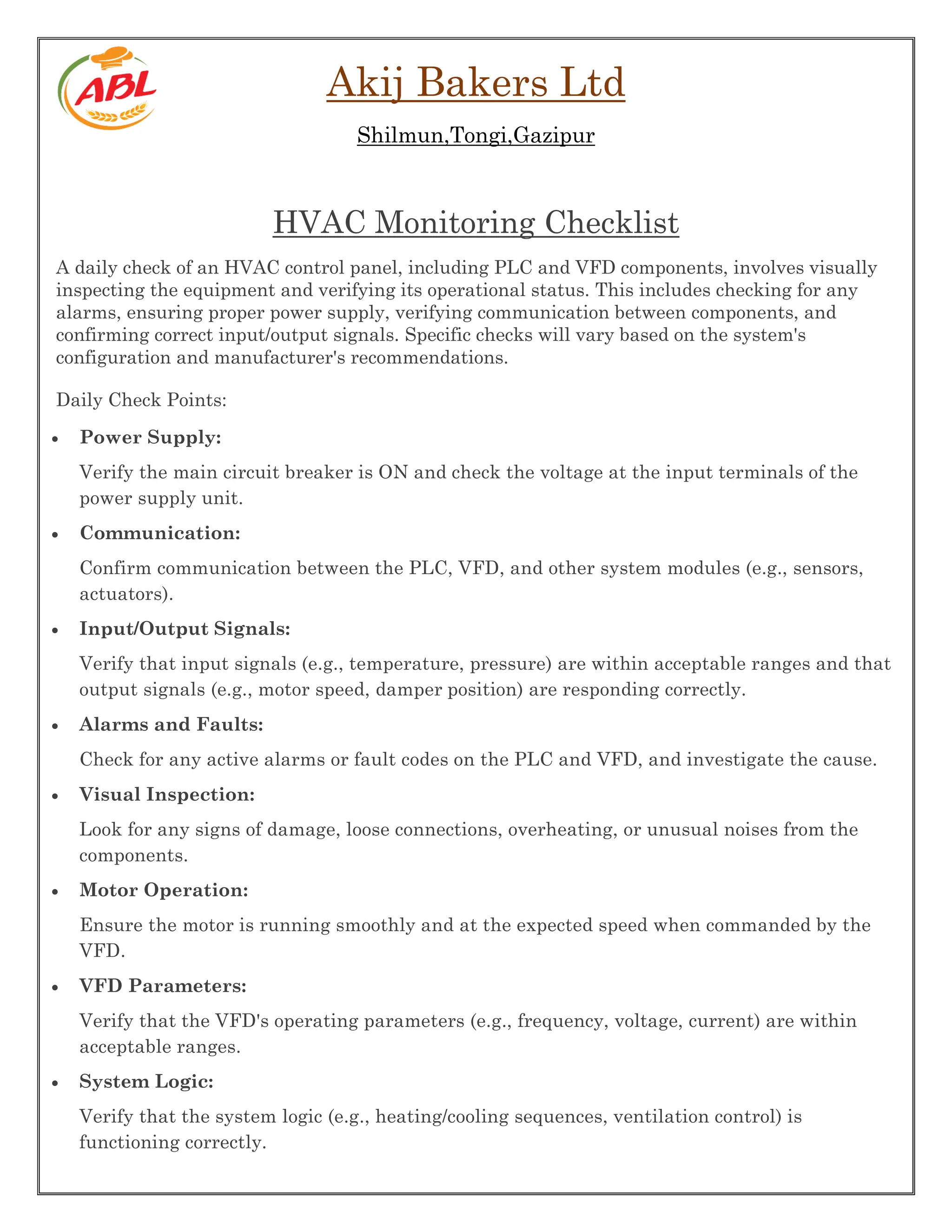 Daily HVAC Monitoring Checklist for Maintenance | PDF