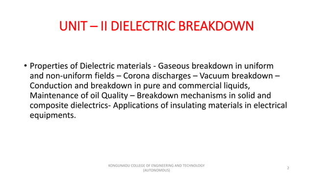 HVE UNIT II DIELECTRIC BREAKDOWN.pptx | Chemistry | Science