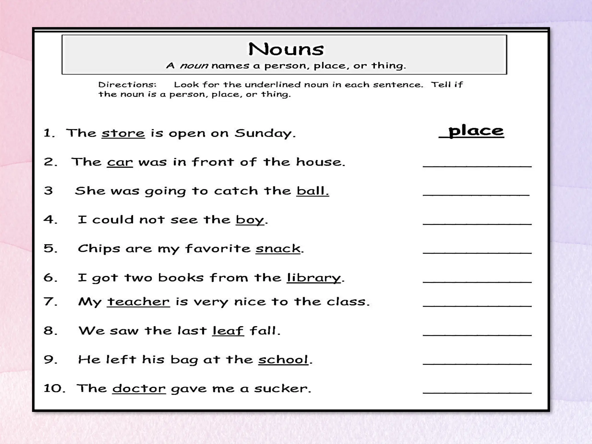 Parts of Speech- Nouns - names of person, place, animal, thing or idea ...