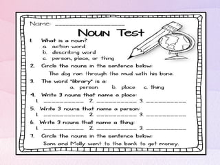 Parts of Speech- Nouns - names of person, place, animal, thing or idea ...