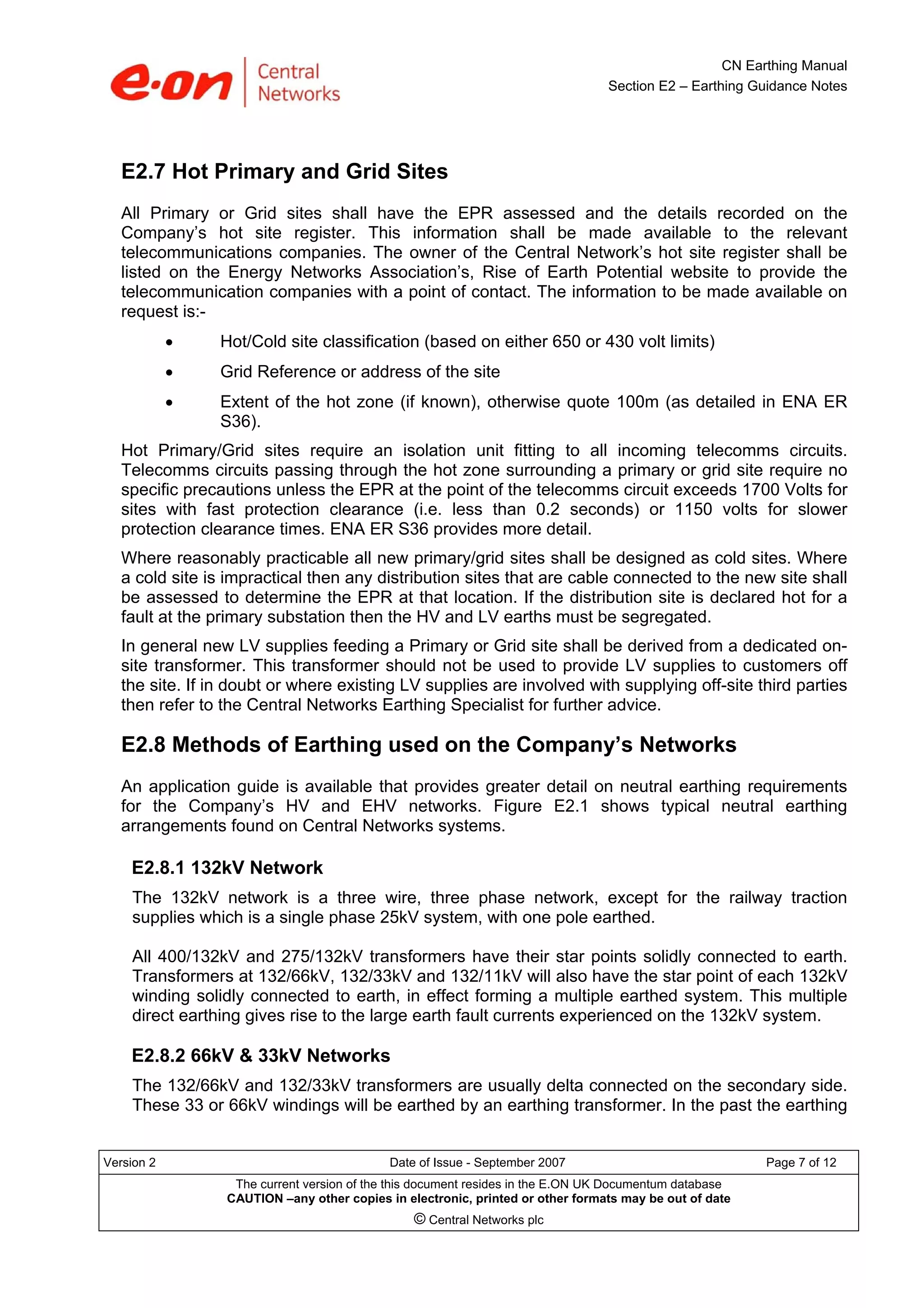 HV Substation Earthing Guide - Central Networks | PDF