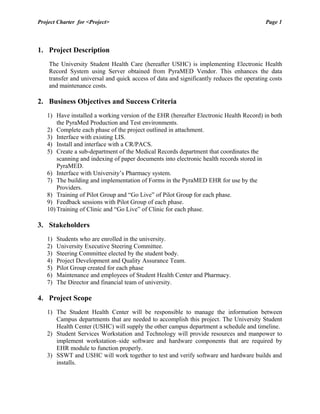 Hw1 project charter electronic health record for university health care ...
