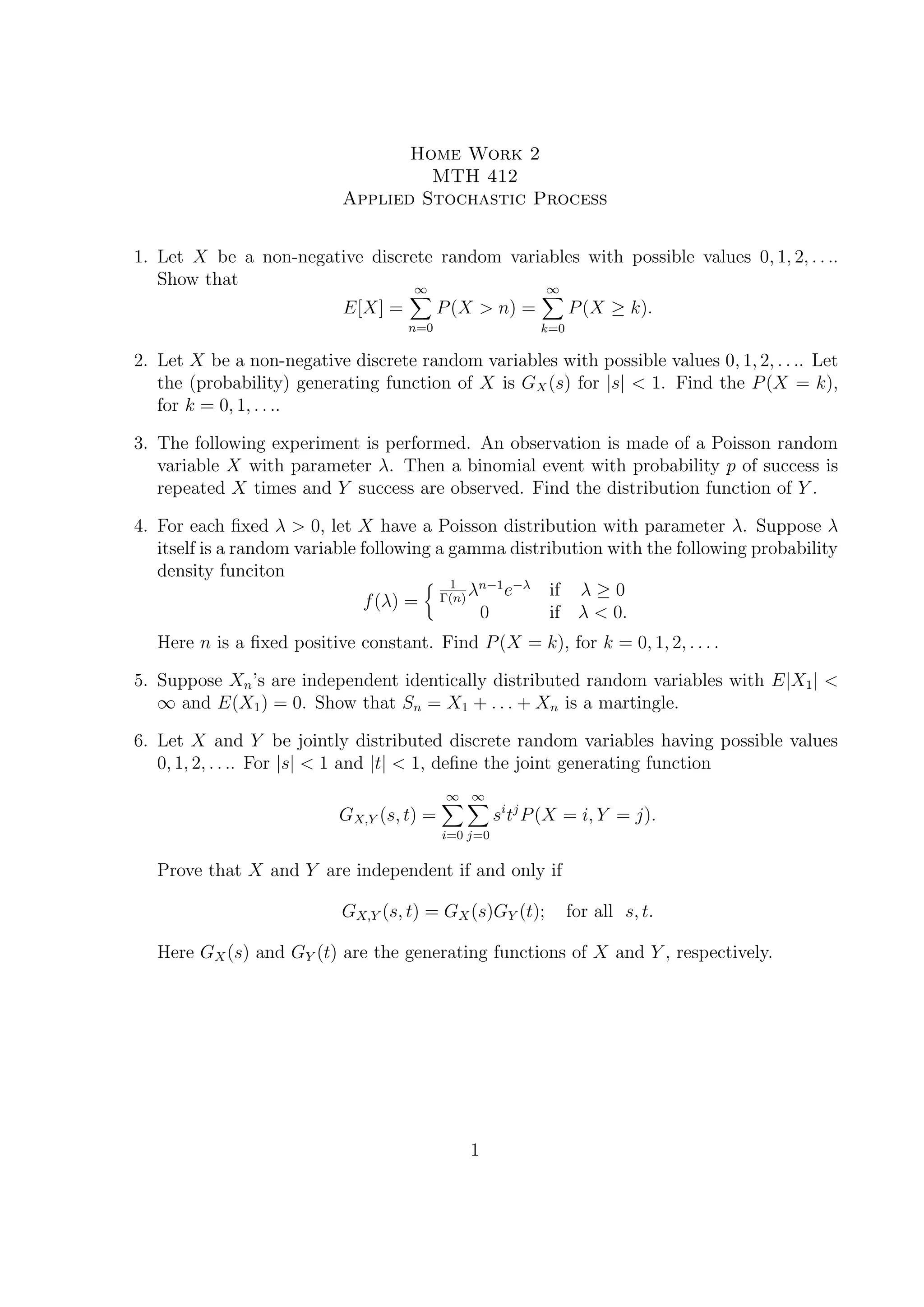 Hw2 2016 | Applied Stochastic process MTH 412 IIT Kanpur | PDF
