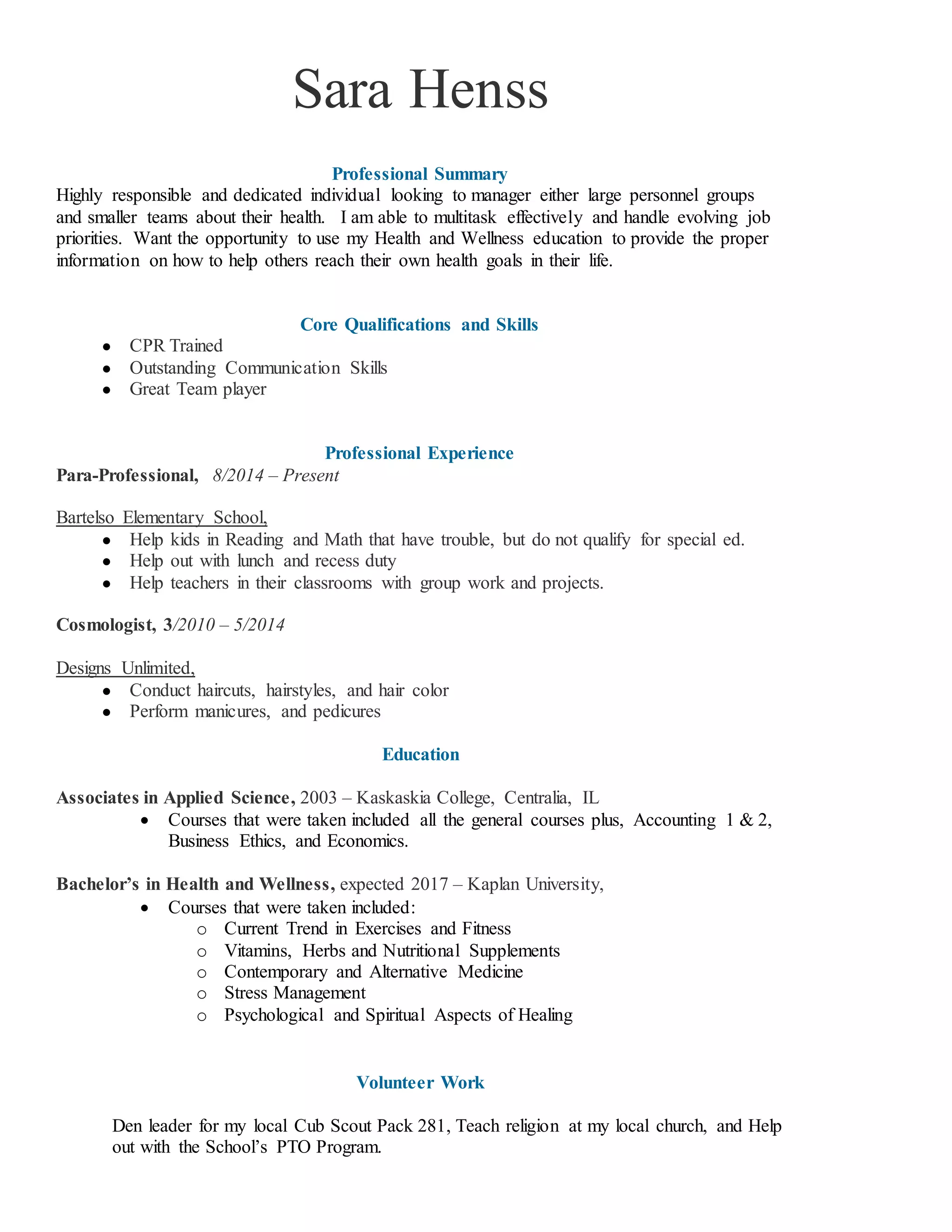 Hw499 sara henss-resume2 | PDF