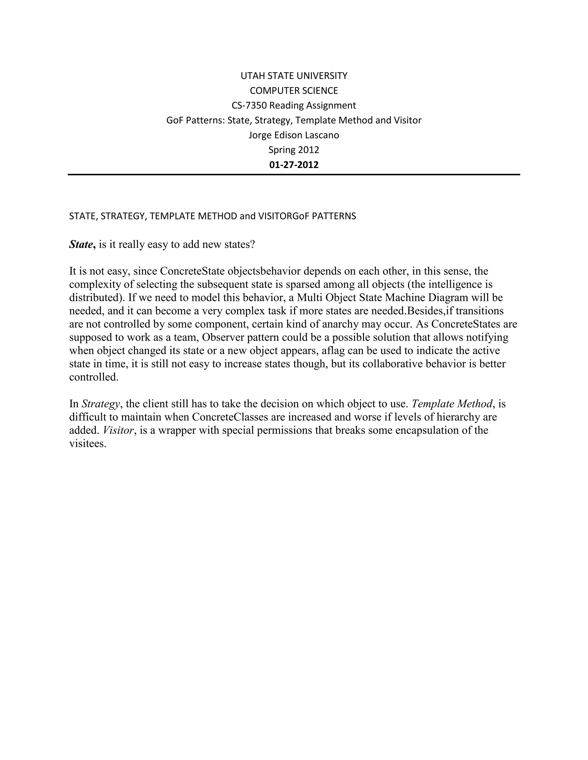 Hw8 GoF state, strategy, tempate method, visitor | PDF