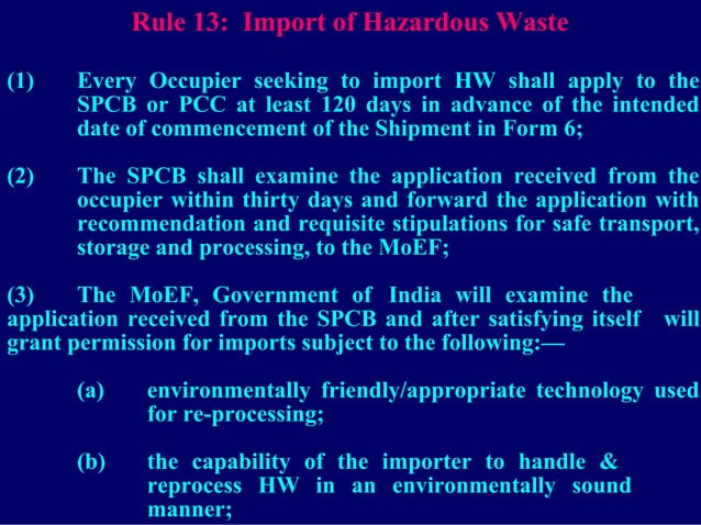 Hazardous waste ( management & handling ) rules, 1989 | PPT