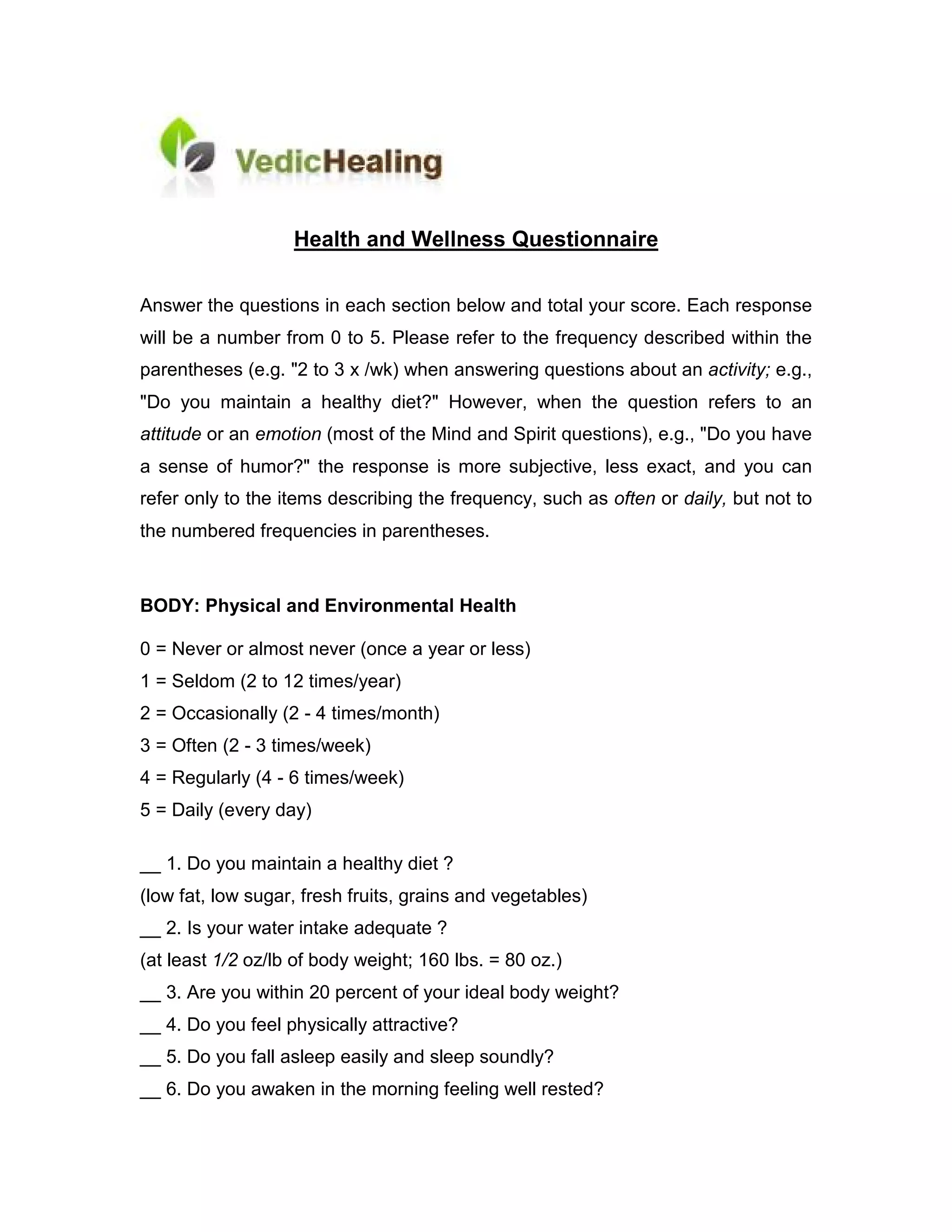 Health & Wellness Questionnaire | PDF