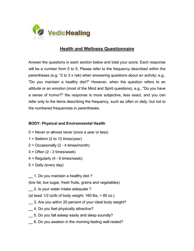 Health & Wellness Questionnaire | PDF