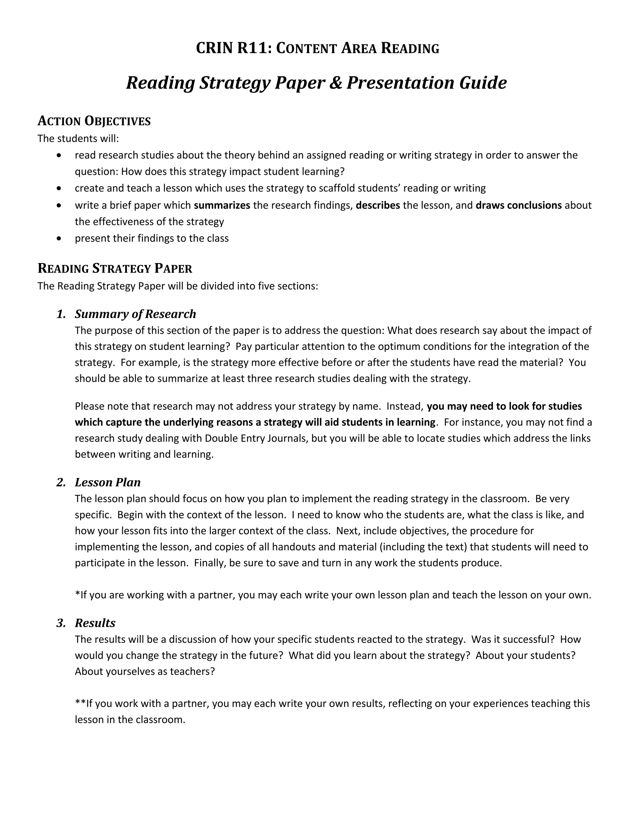 Reading strategy assignment guide | DOC