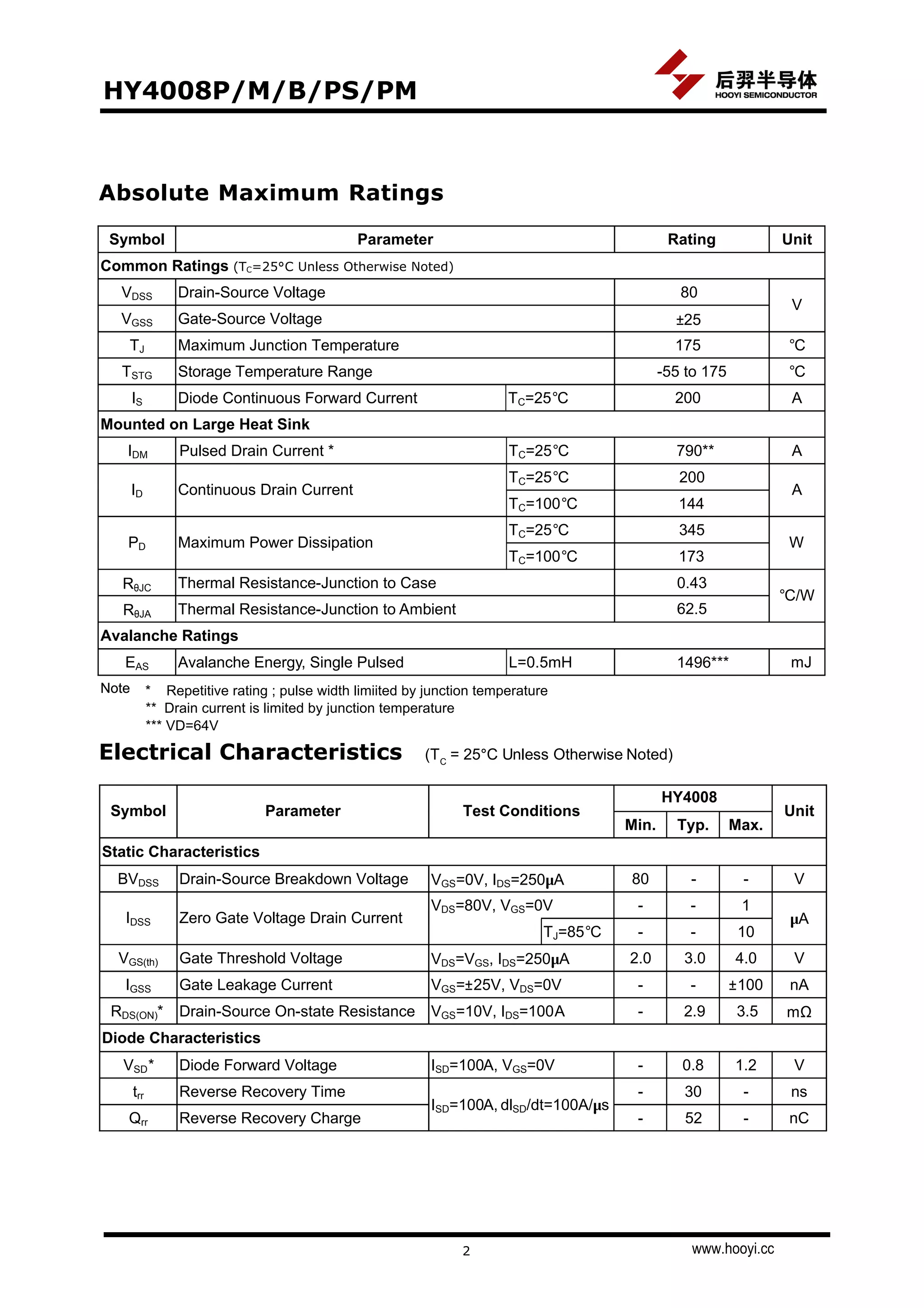 Original N-Channel MOSFET HY4008B HY4008 4008 80V 200A TO-263 New | PDF ...
