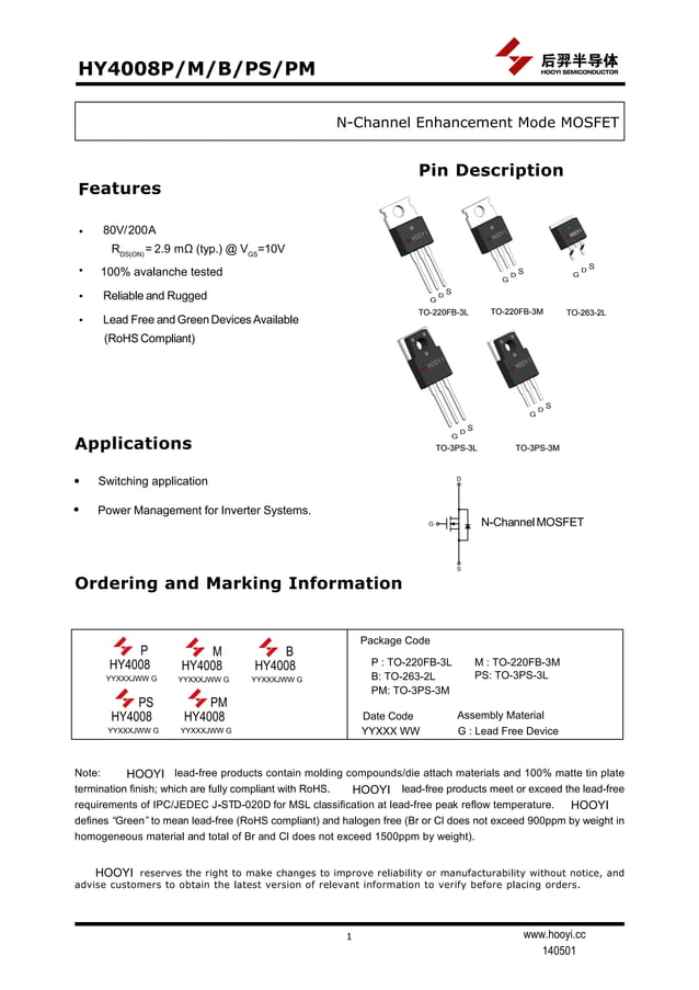 Original N-Channel MOSFET HY4008B HY4008 4008 80V 200A TO-263 New | PDF