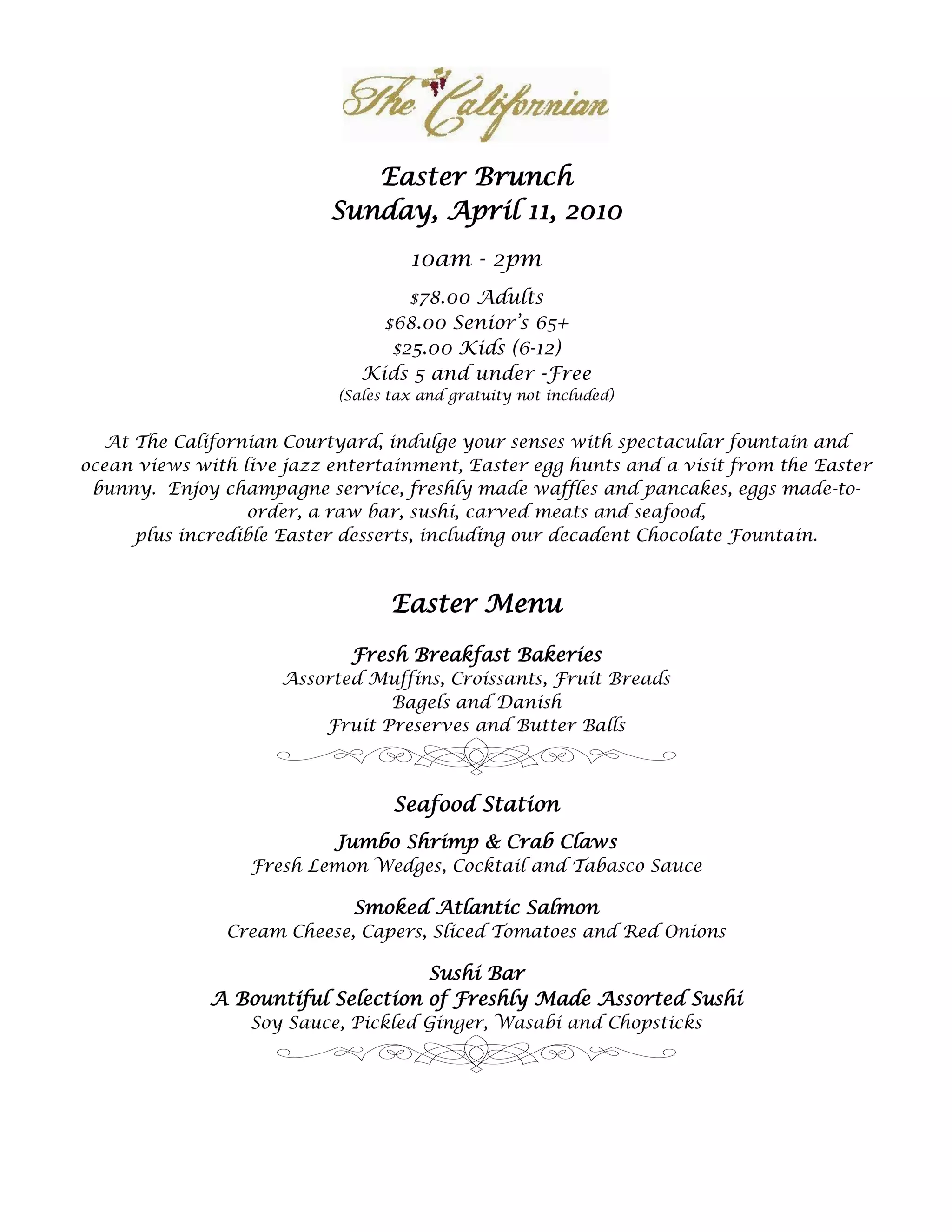 Hyatt Easter Menu 2010 | PDF