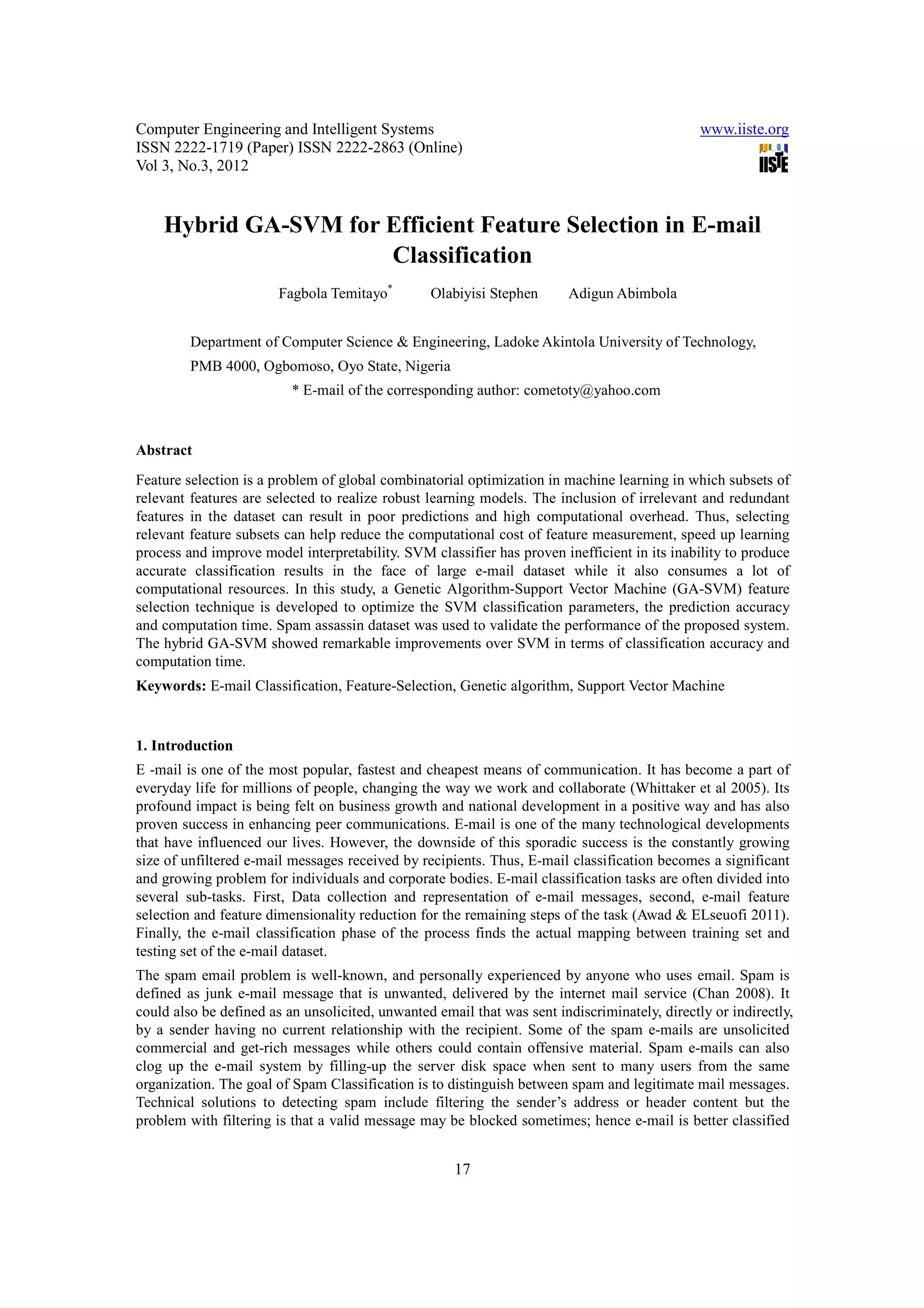 Hybrid Ga Svm For Efficient Feature Selection In E Mail Classification