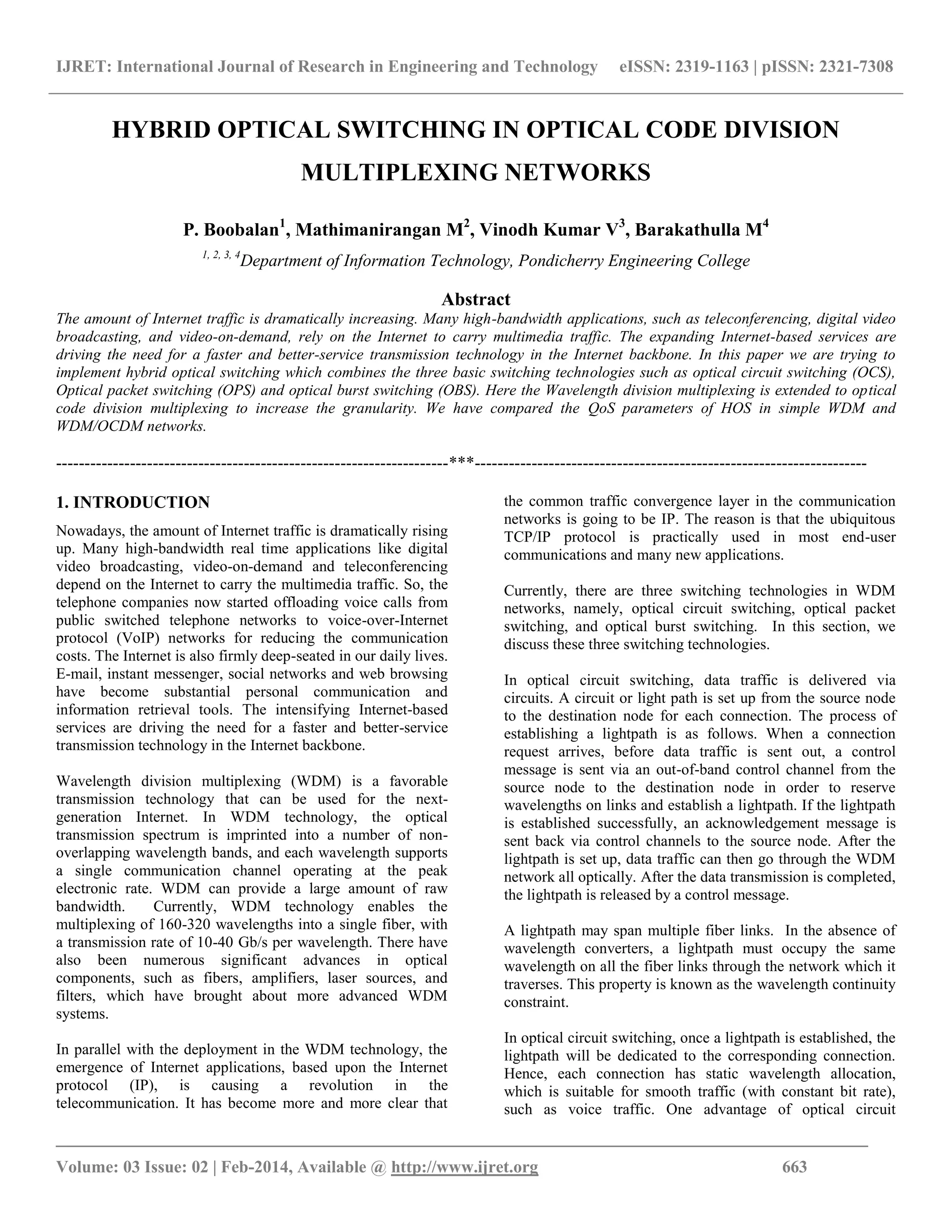 Hybrid Optical Switching In Optical Code Division Multiplexing Networks Pdf