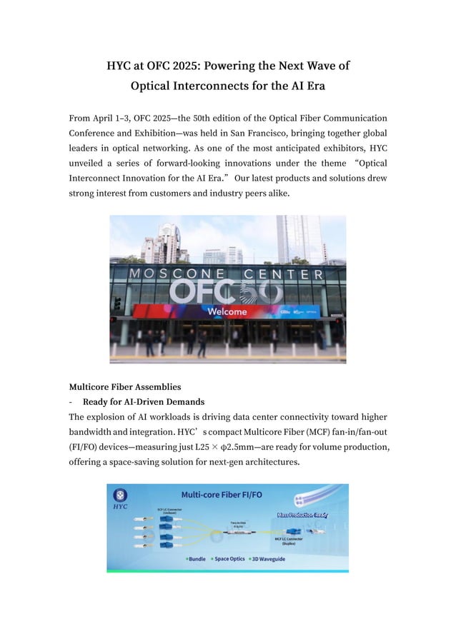 HYC at OFC 2025: Powering the Next Wave of Optical Interconnects for the AI Era | PDF