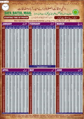 Hyderabad, India Namaz / Salah Prayer Timings Chart (Double Page) | PDF