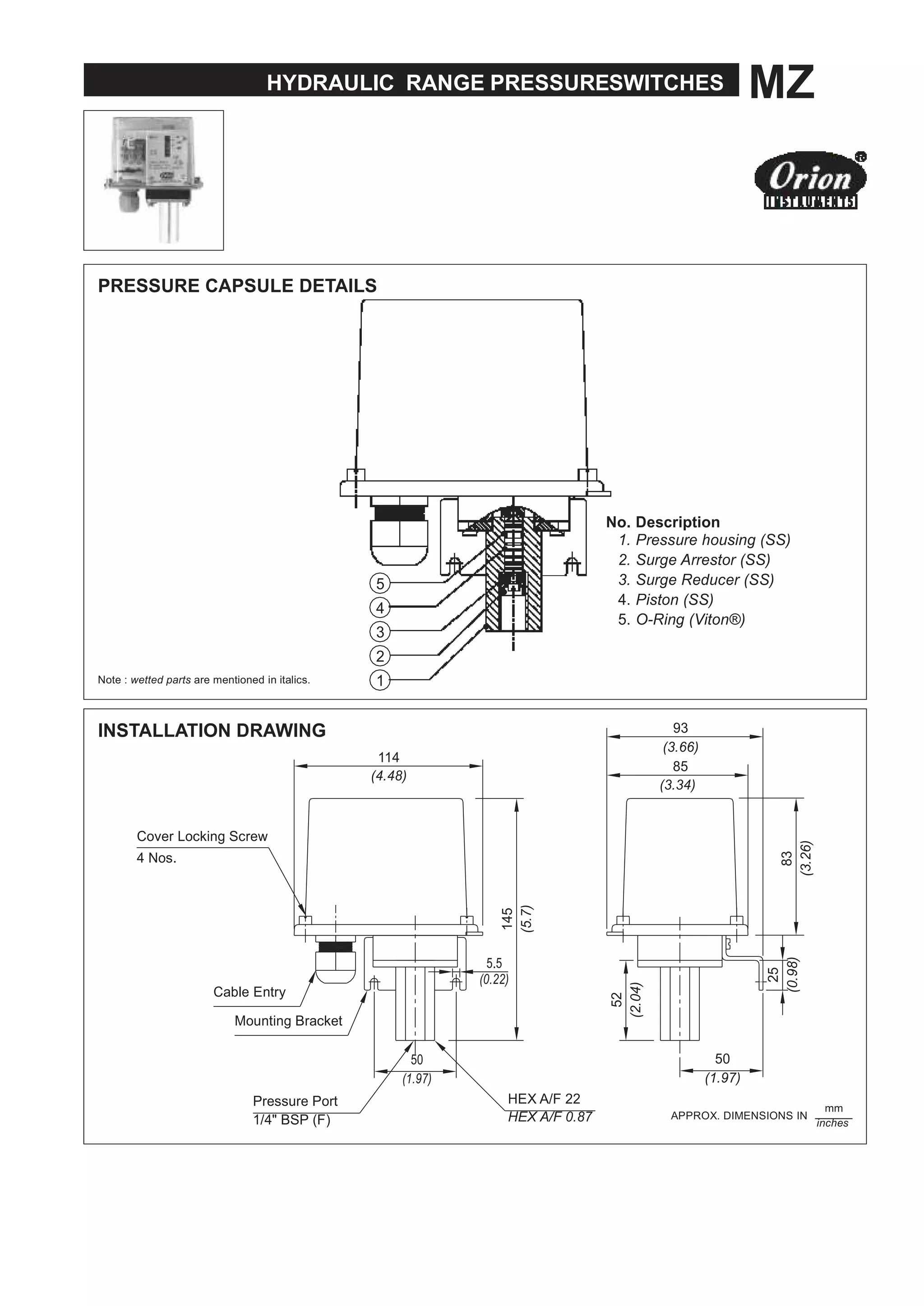 Hydraulic Range Piston type Pressure Switches Mz Series | PDF