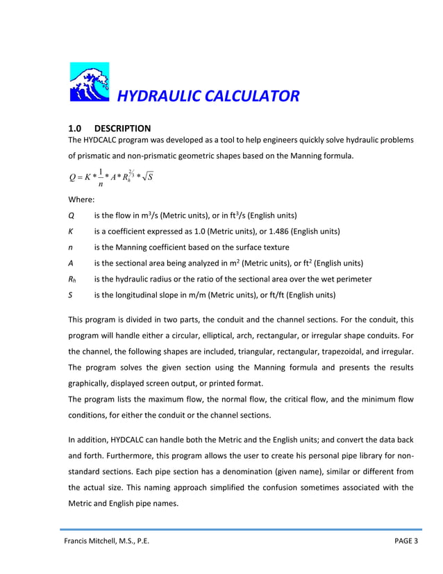 Hydraulic Calculator Manual | PDF | Computer Software and Applications ...