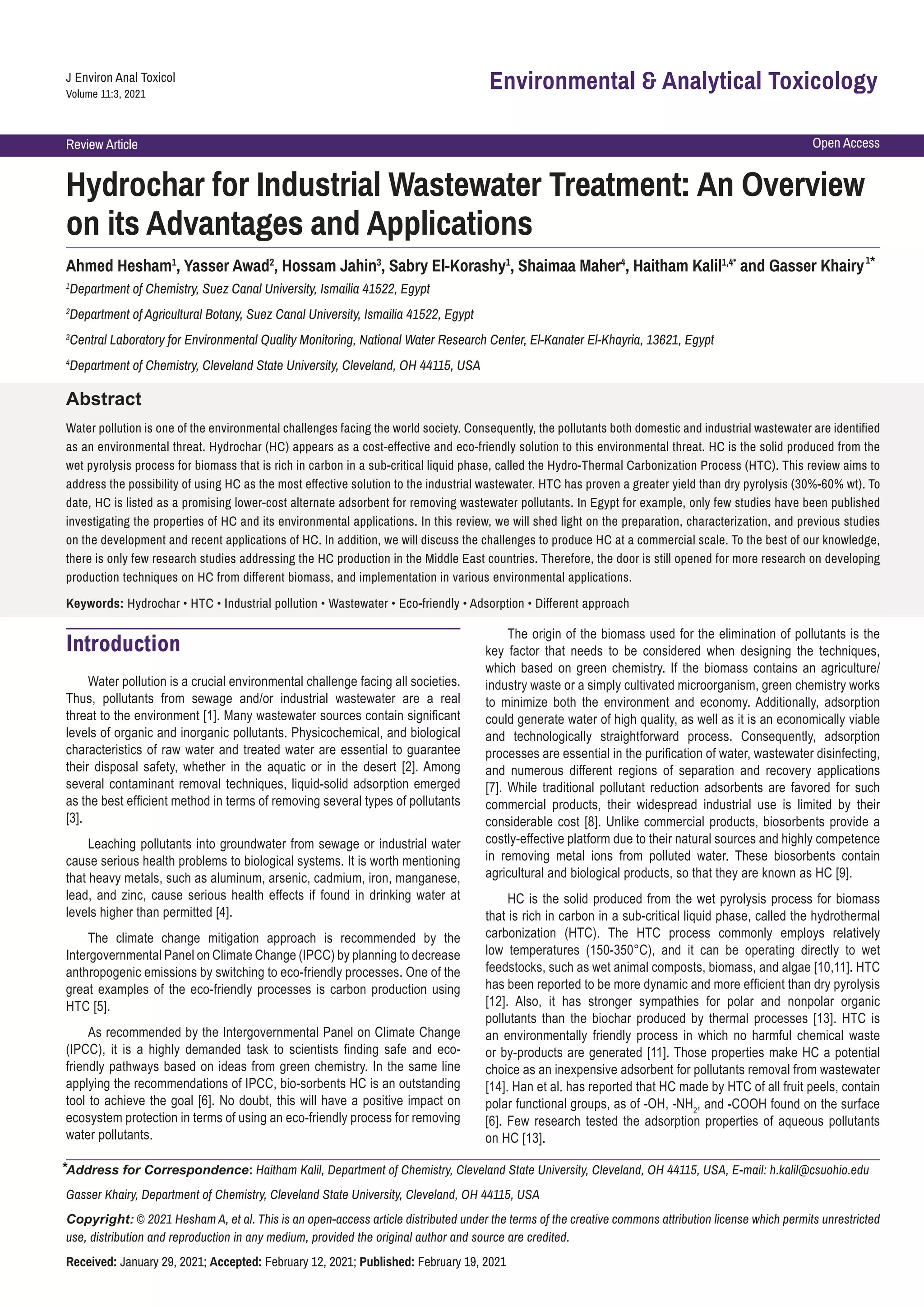 Hydrochar for-industrial-wastewater-treatment-an-overview-on-its-advantages-and-applications | PDF