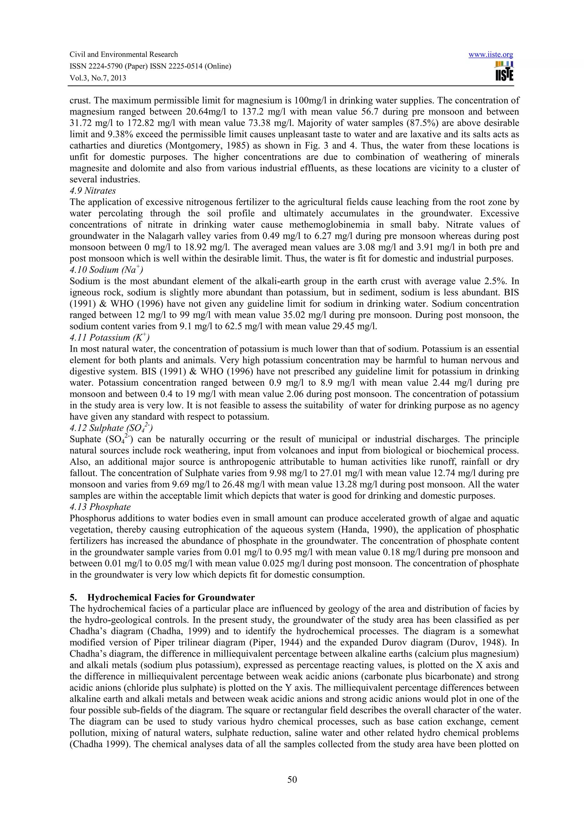 Hydrochemical Characterization Classification And Evaluation Of