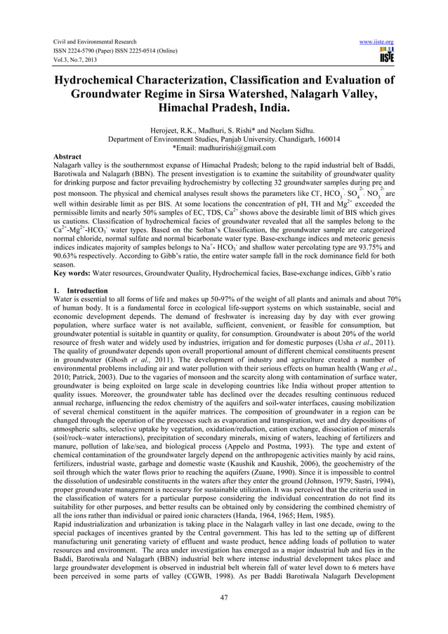 Hydrochemical characterization, classification and evaluation of groundwater regime in sirsa ...