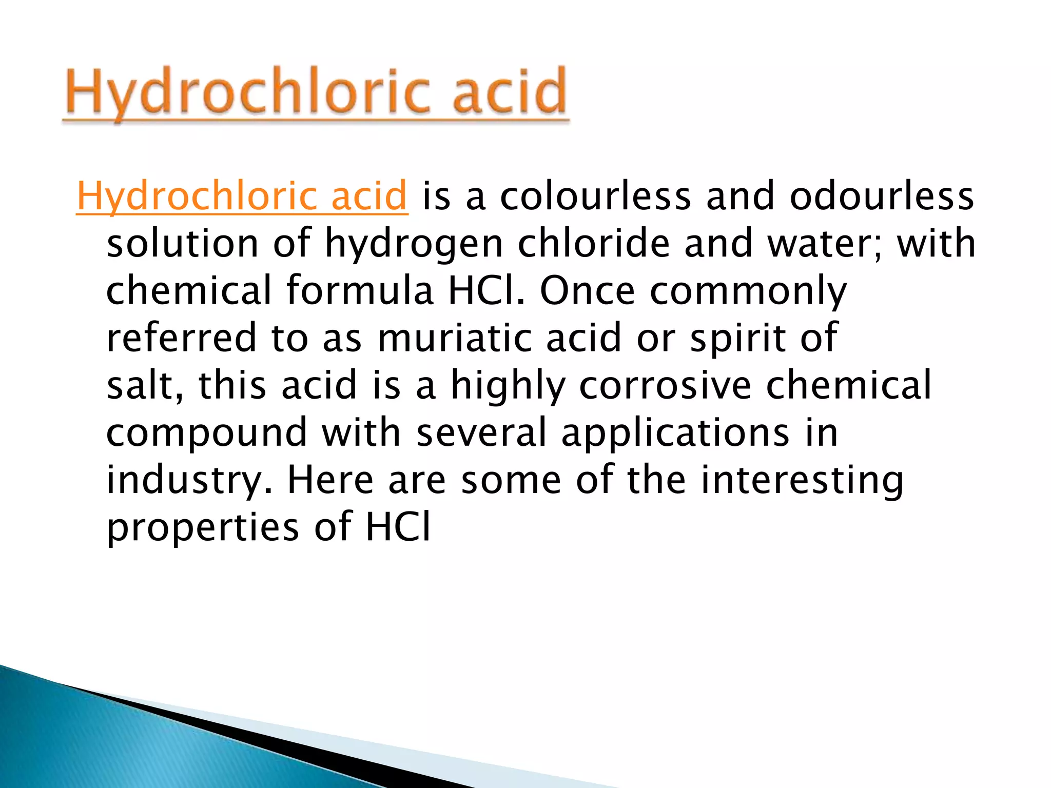 Hydrochloric acid uses, hazards and industrial applications | PPTX