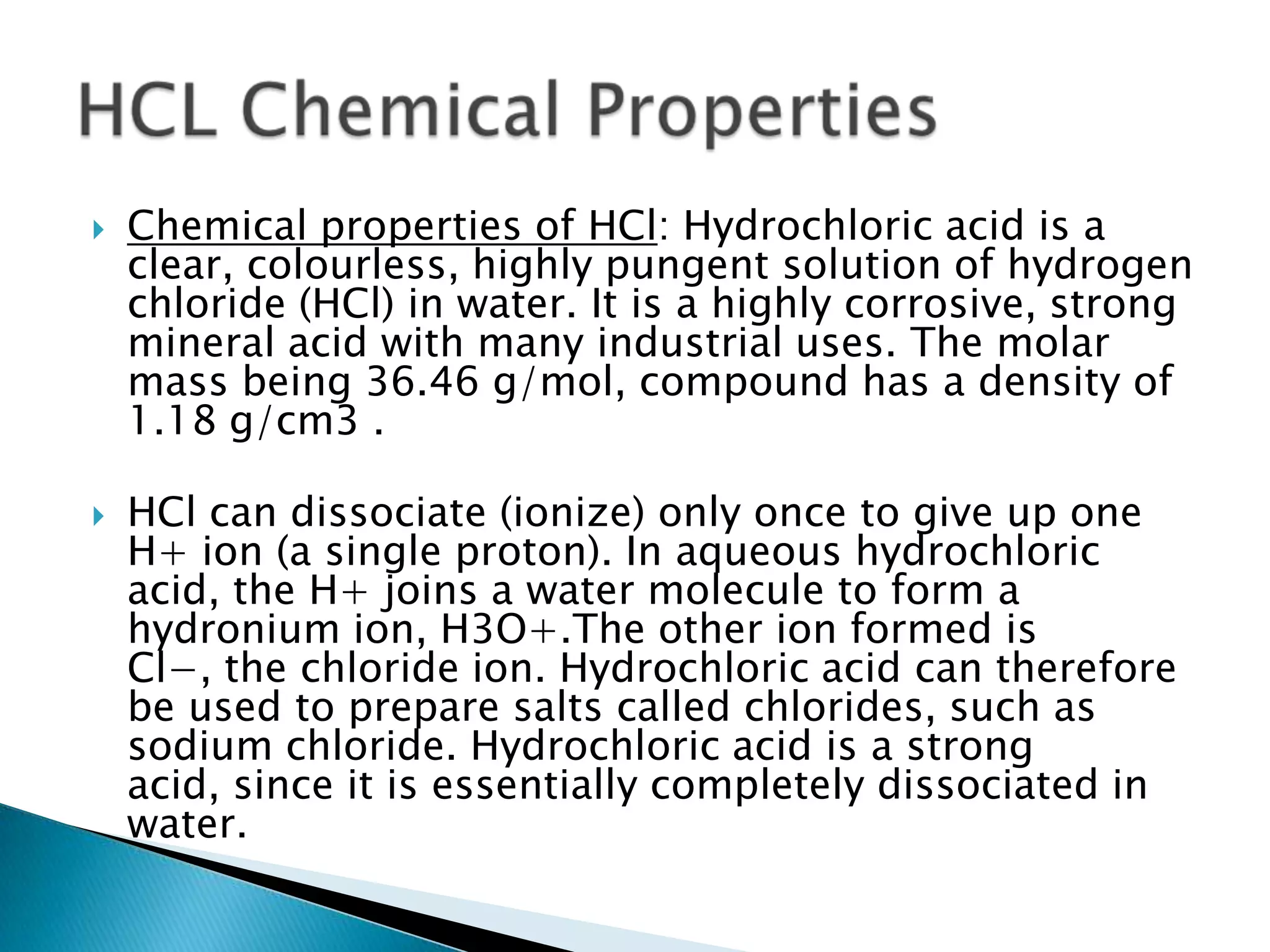 Hydrochloric acid uses, hazards and industrial applications | PPTX