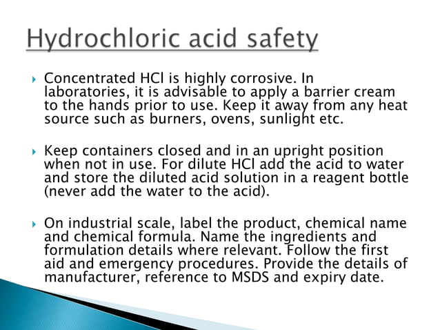 Hydrochloric acid uses, hazards and industrial applications | PPTX