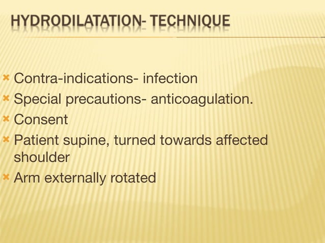 Hydrodilatation distension for frozen shoulder wrightington 2011 | PPT