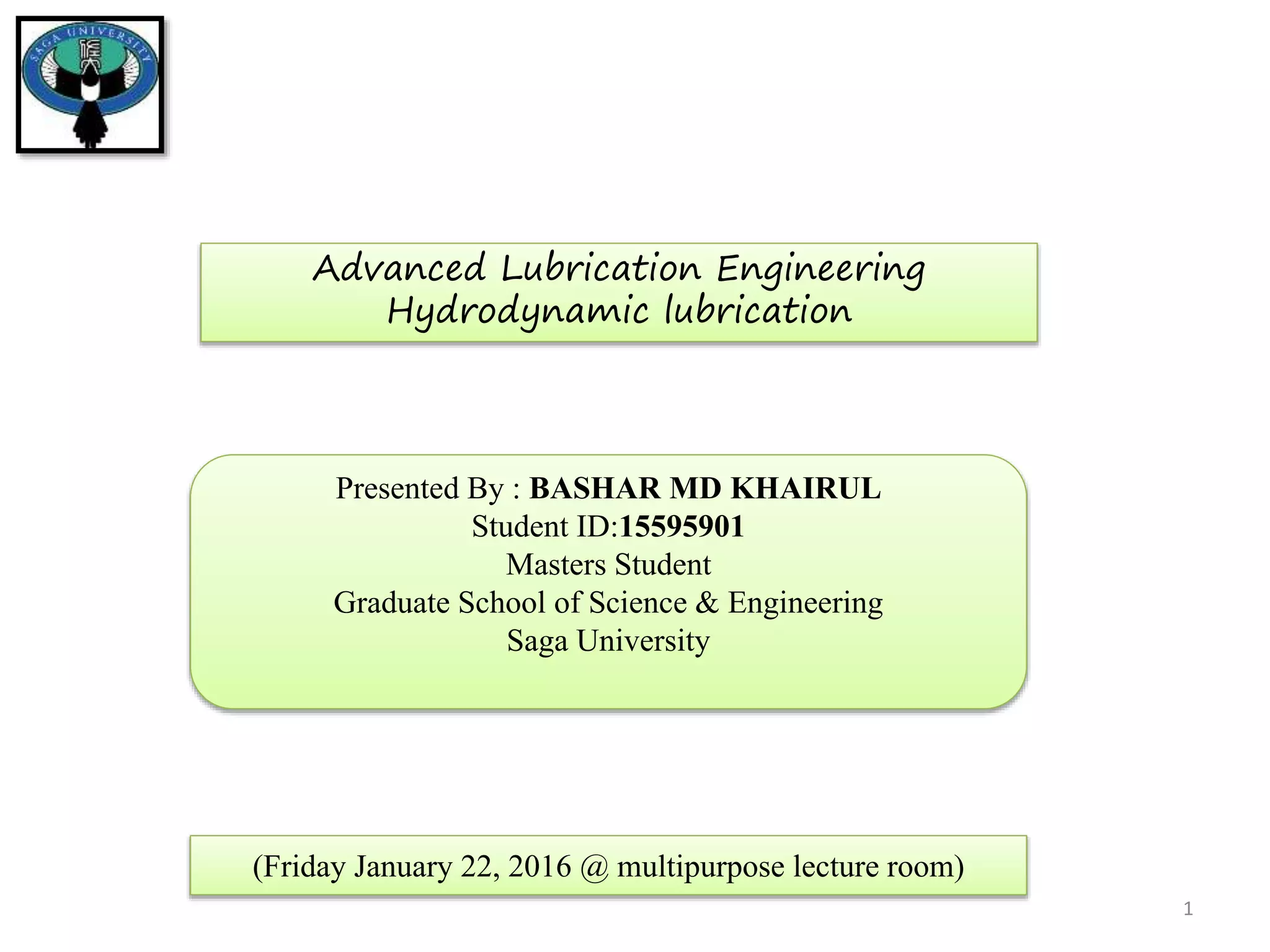 Hydrodynamic lubrication By Khairul Bashar | PPTX | Physics | Science